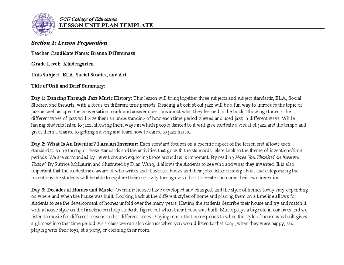3-day unit plan template copy - Section 1: Lesson Preparation Teacher ...