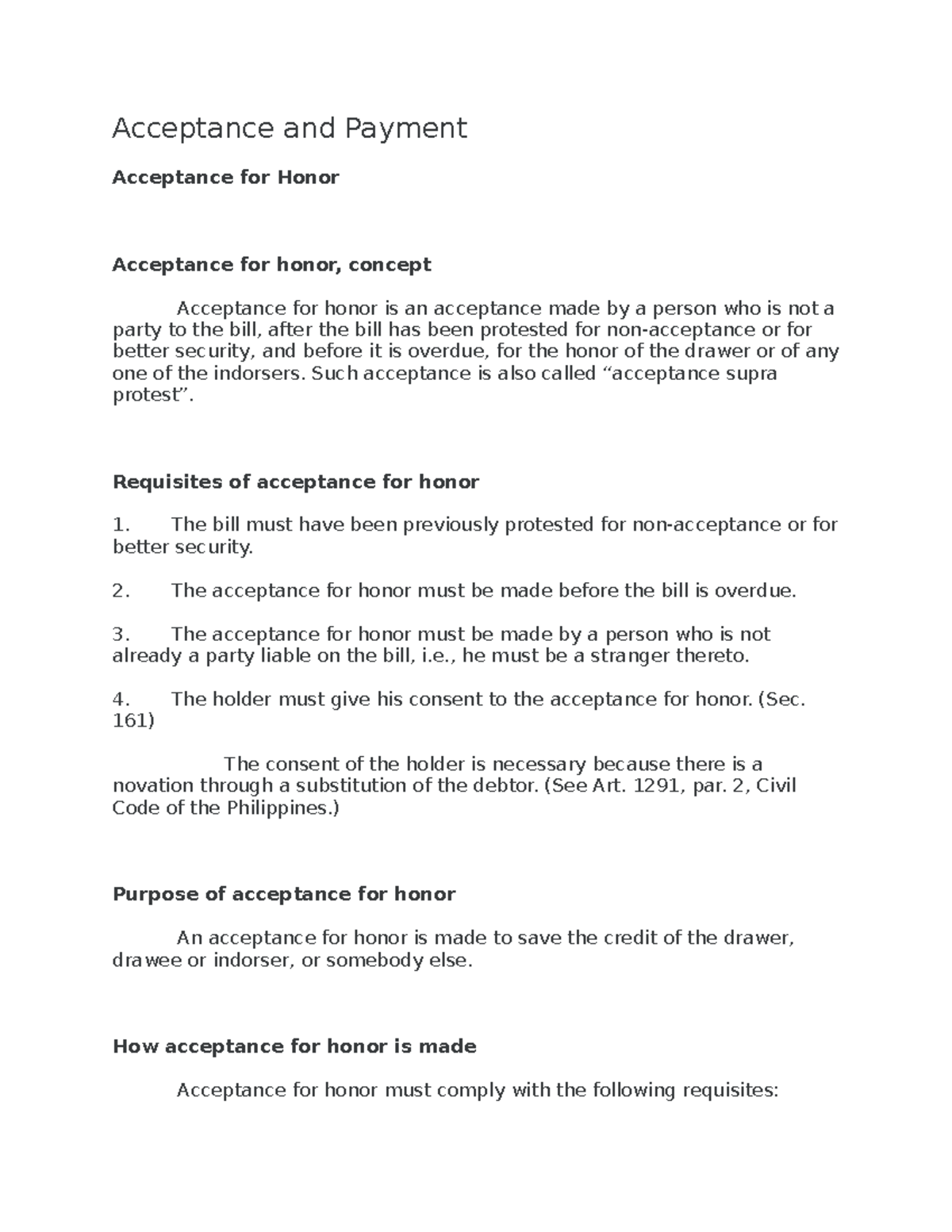 Acceptance and Payment - Acceptance and Payment Acceptance for Honor ...