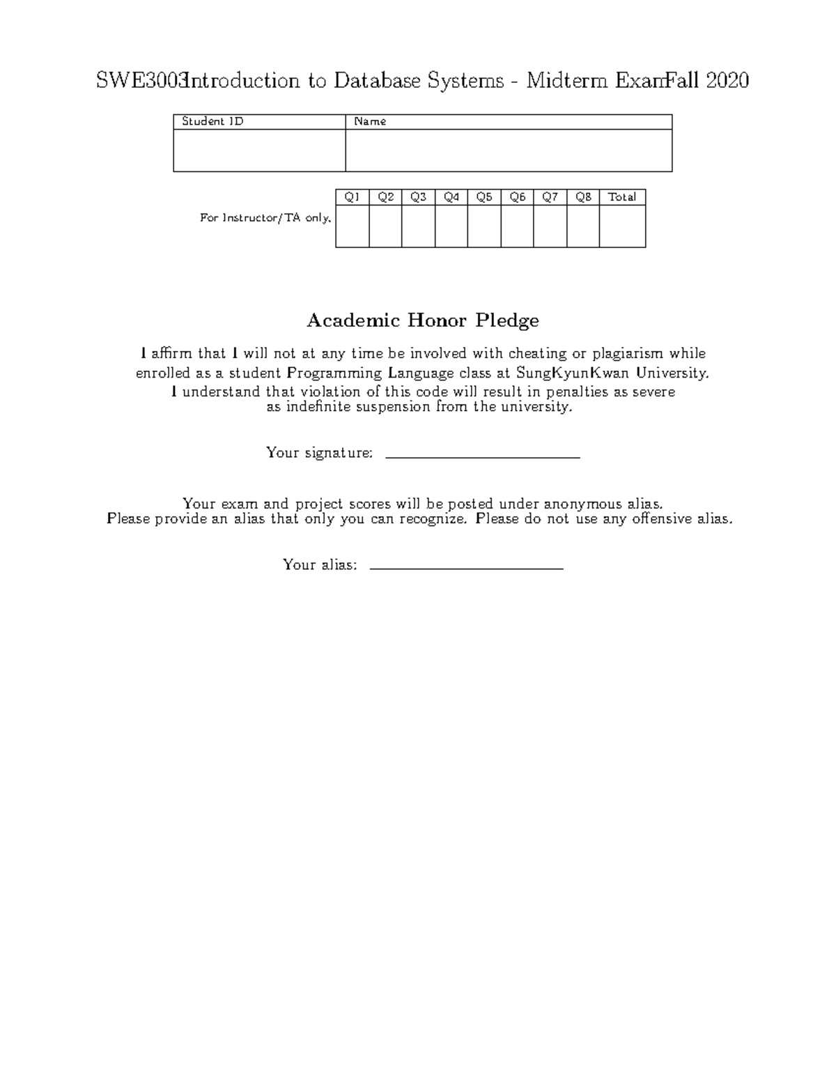 DB Midterm 2020 Fall - 2020 중간고사 - SWE3003Introduction to Database Systems - Midterm ExamFall ...