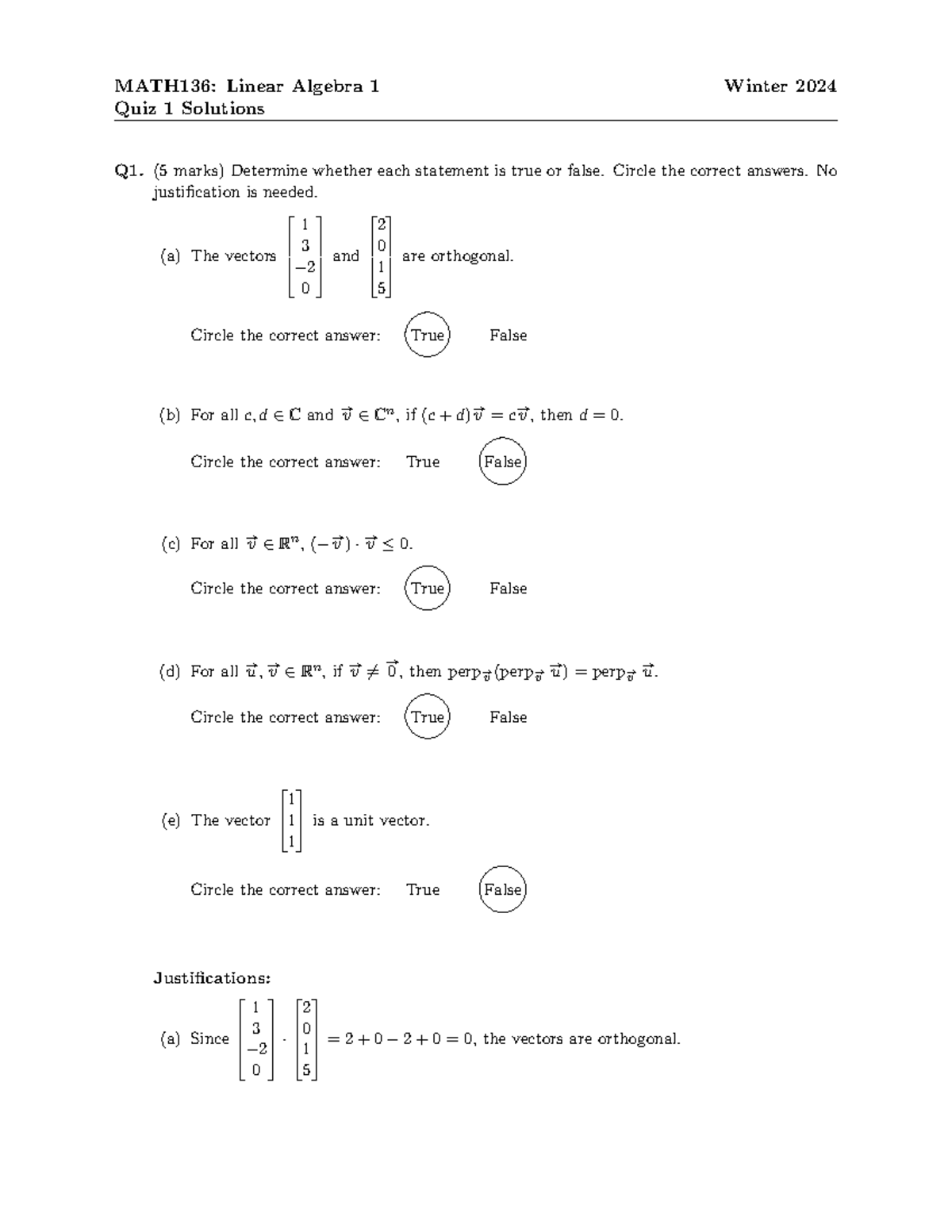 MATH 136 Q1 Solutions - quiz - Quiz 1 Solutions Q1. (5 marks) Determine ...