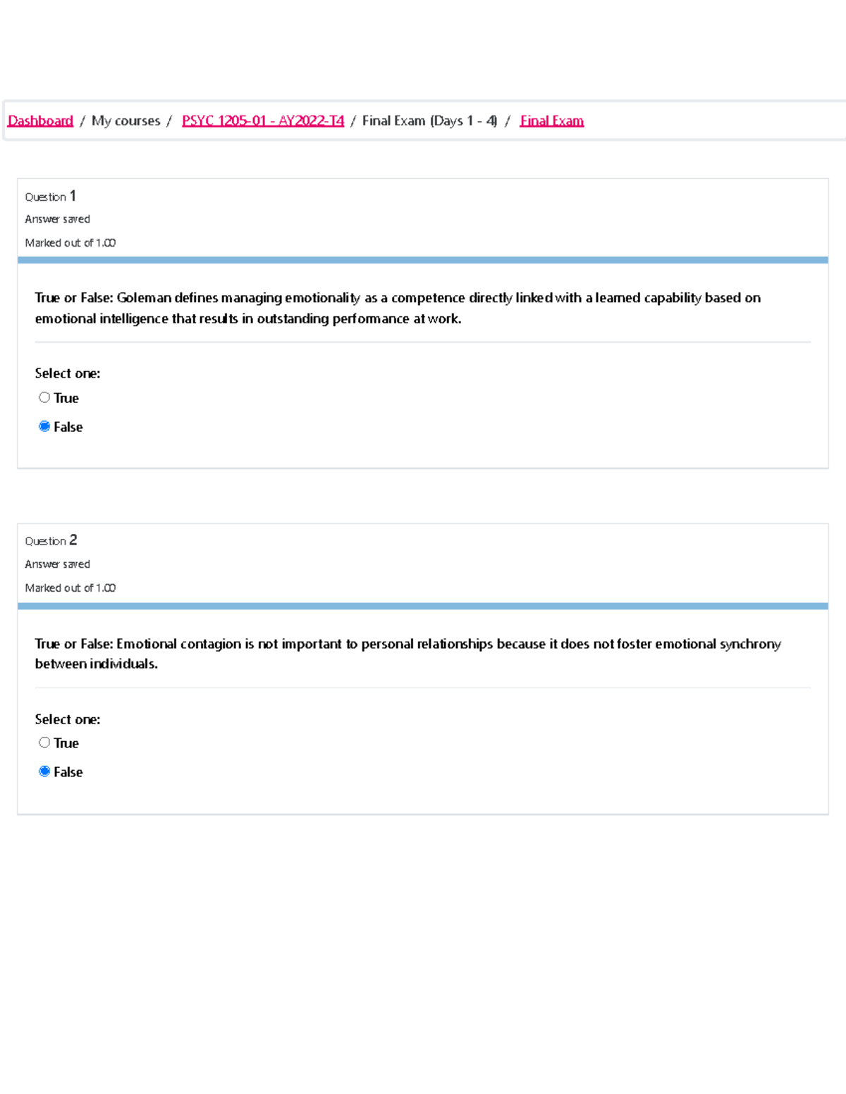 Final Exam (page 1 of 5) - Question 1 Answer saved Marked out of 1 ...