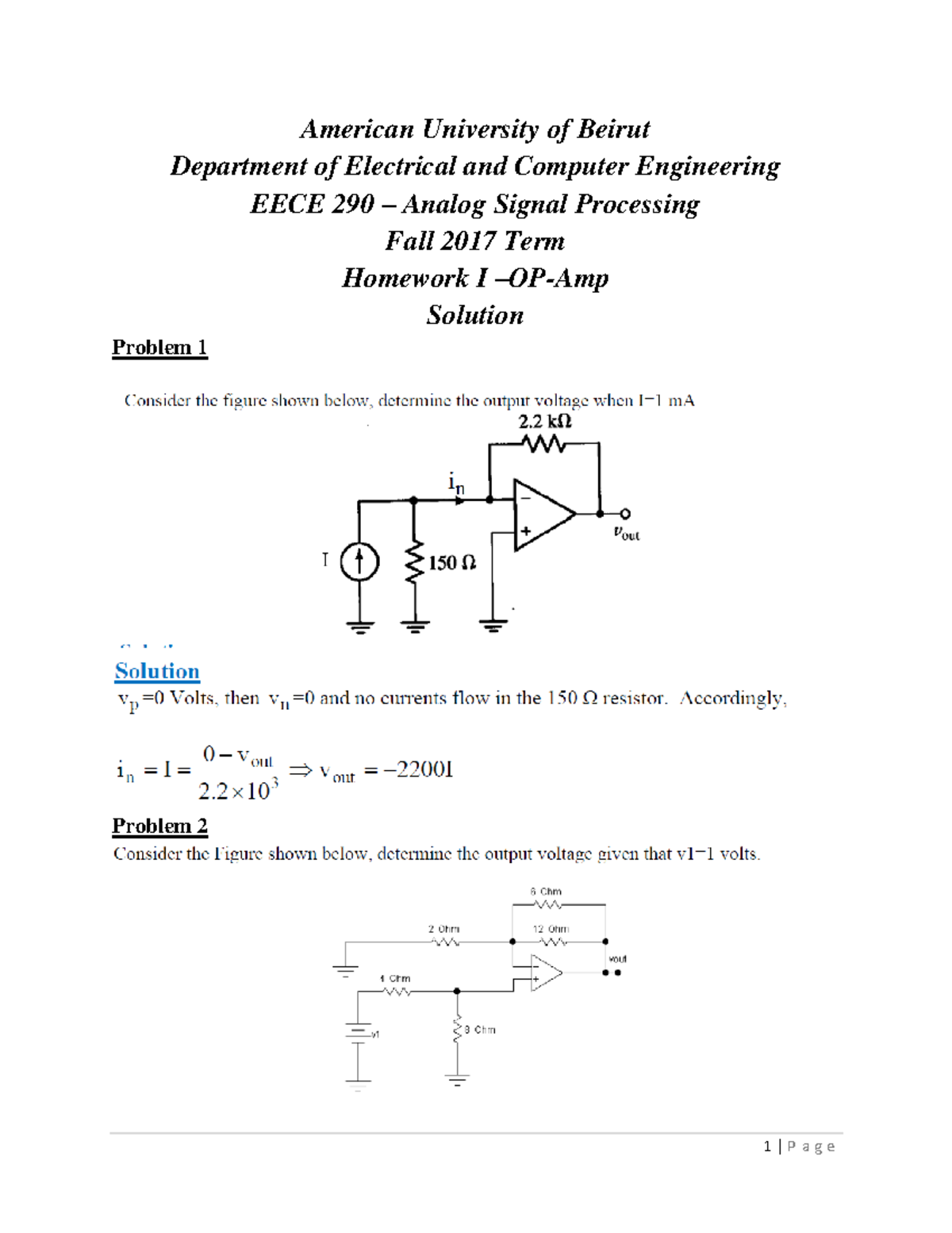 Homework 1- OP-Amp - Solution - American University of Beirut ...