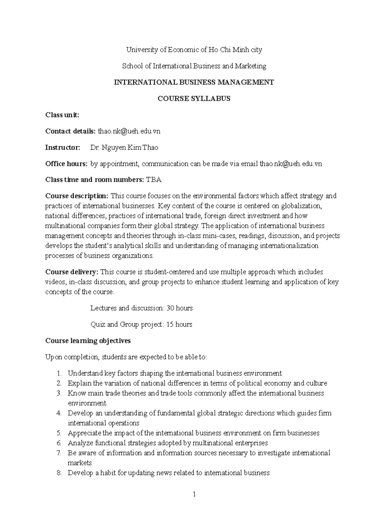 Syllabus International Business Management 2021 Thurs IBE1K46 - Đại học ...