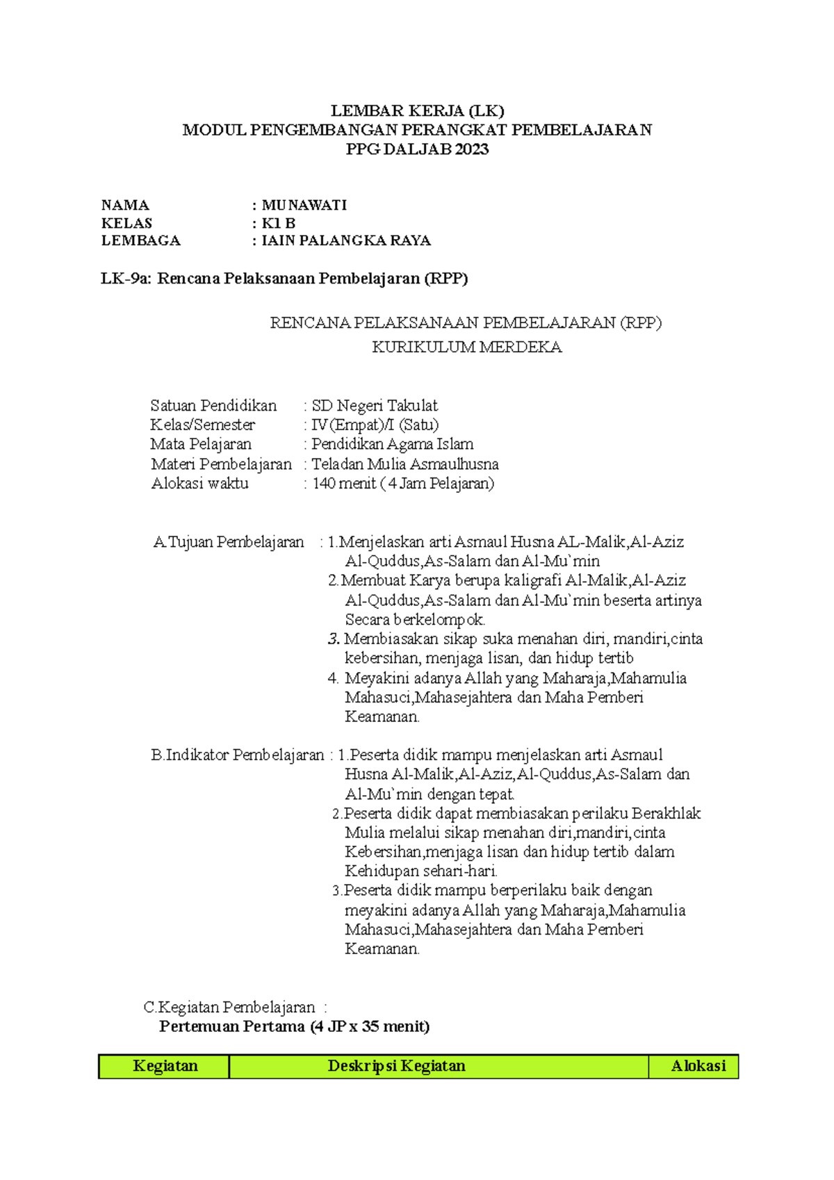 LK 9a dan 9b Tugas Lokakarya MUNA Modul AJAR 1 - LEMBAR KERJA (LK ...