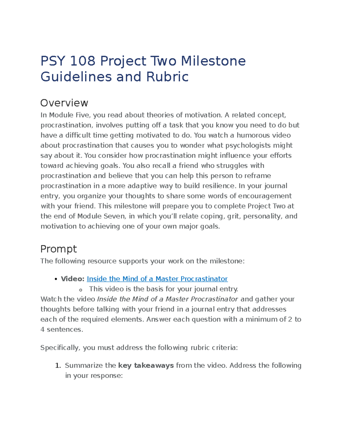 Project Two Milestone - PSY 108 Project Two Milestone Guidelines and ...