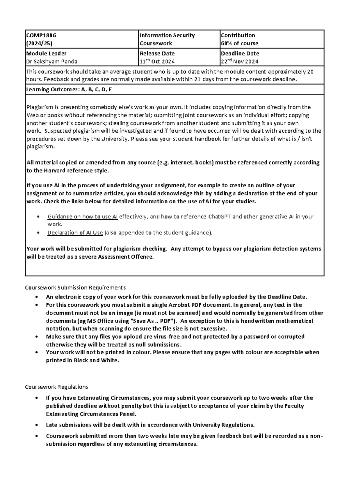 COMP1806 2024 25 CW description - COMP (202 4 /2 5 ) Information Security Coursework ...