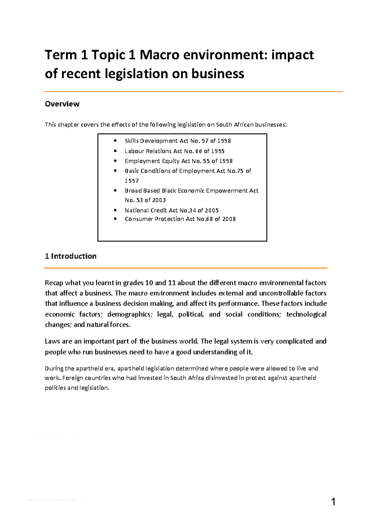 Macro environment-impact of recent legislation on business - Term 1 ...