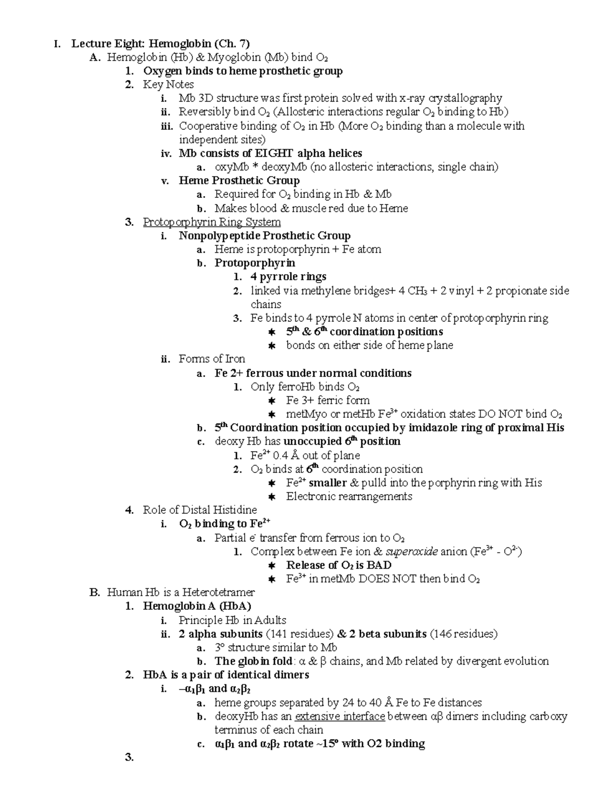 Biochemistry Outline Exam 2 - I. Lecture Eight: Hemoglobin (Ch. 7) A ...