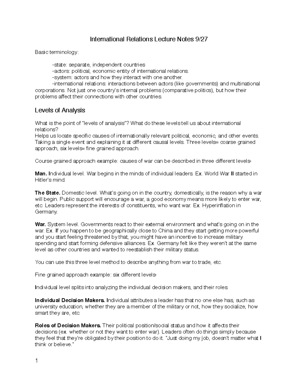 I.R. lecture notes - International Relations Lecture Notes 9/ Basic ...