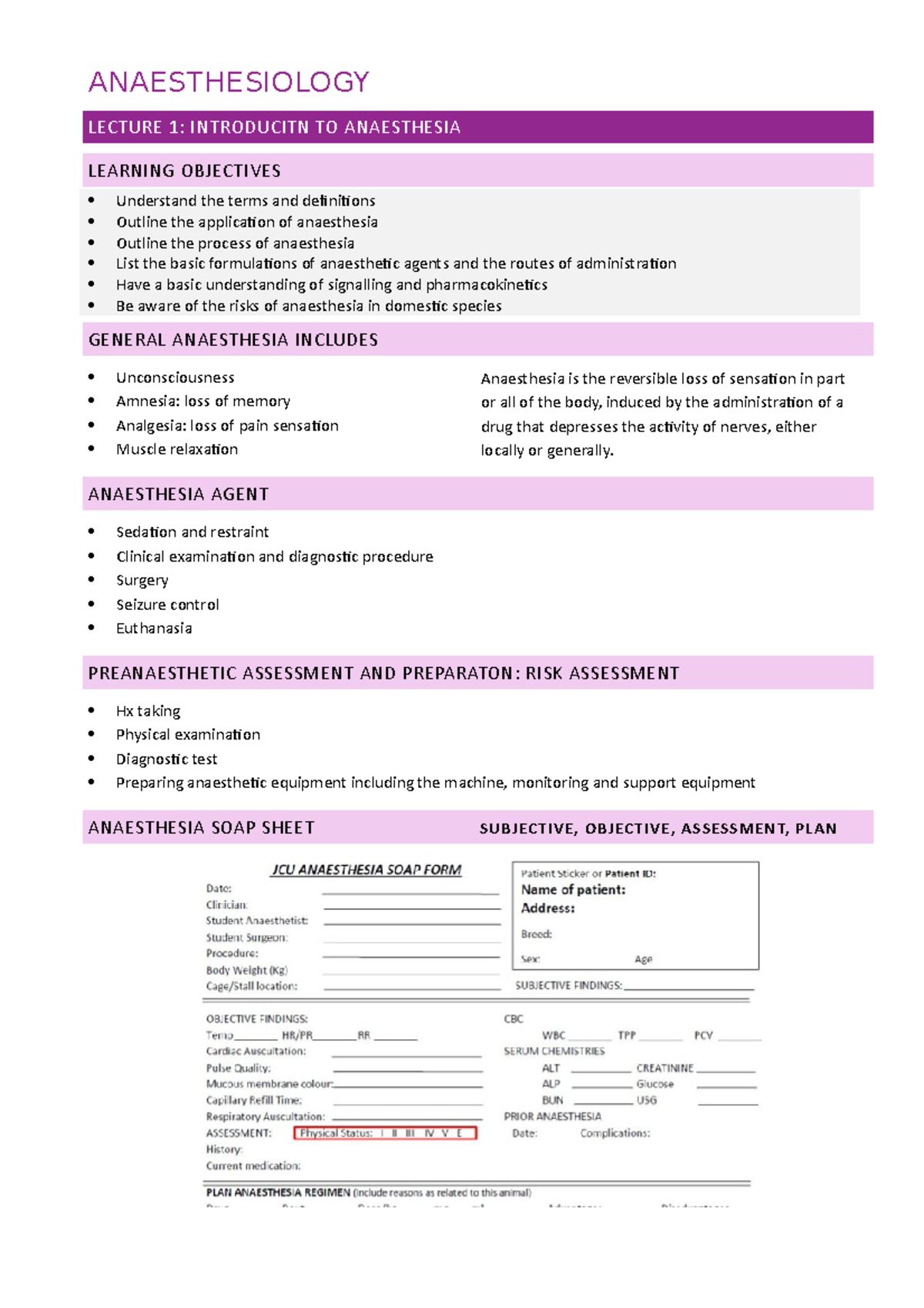 Anaesthesiology Notes - Dr Yukari Miyake - ANAESTHESIOLOGY LECTURE 1 ...