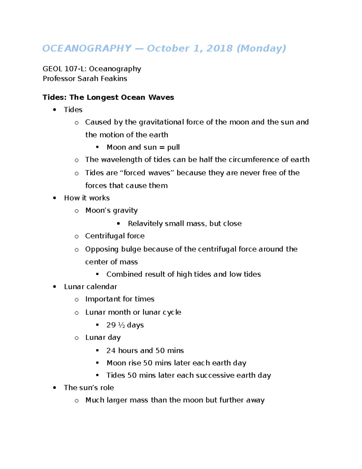 GEOL 107 10.1.18 - OCEANOGRAPHY — October 1, 2018 (Monday) GEOL 107-L ...