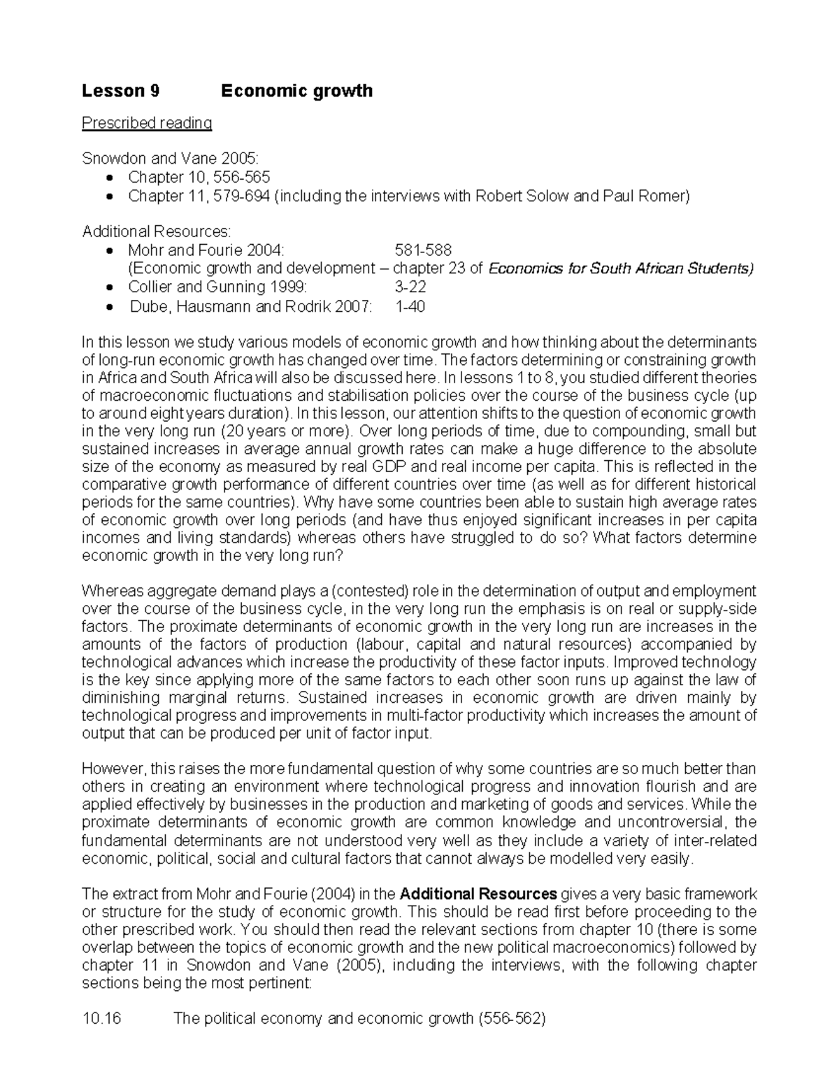 ECS4861 Lesson 9 Economic growth - Lesson 9 Economic growth Prescribed ...