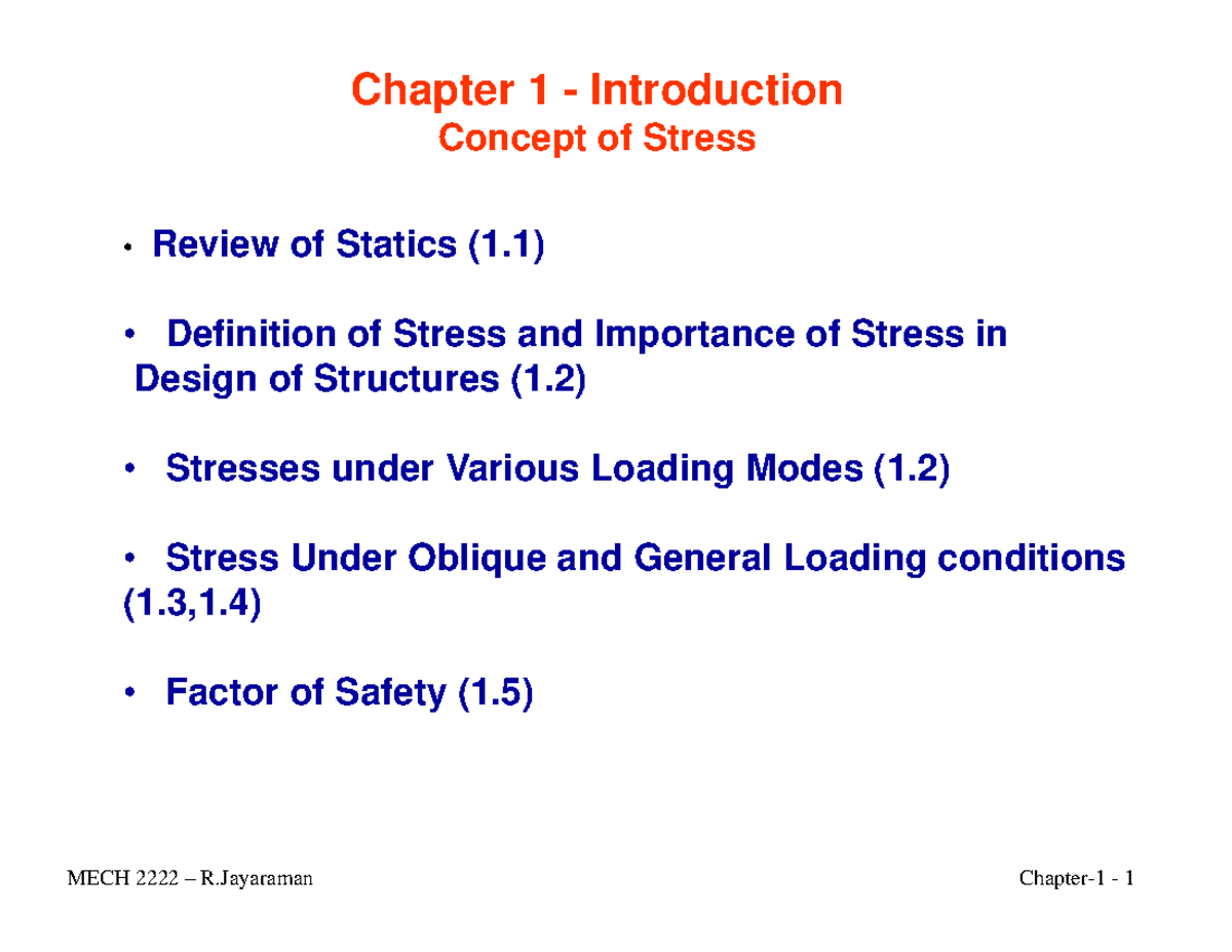 Chapter-1 - Chapter 1 Introduction Concept of Stress Review of Statics ...