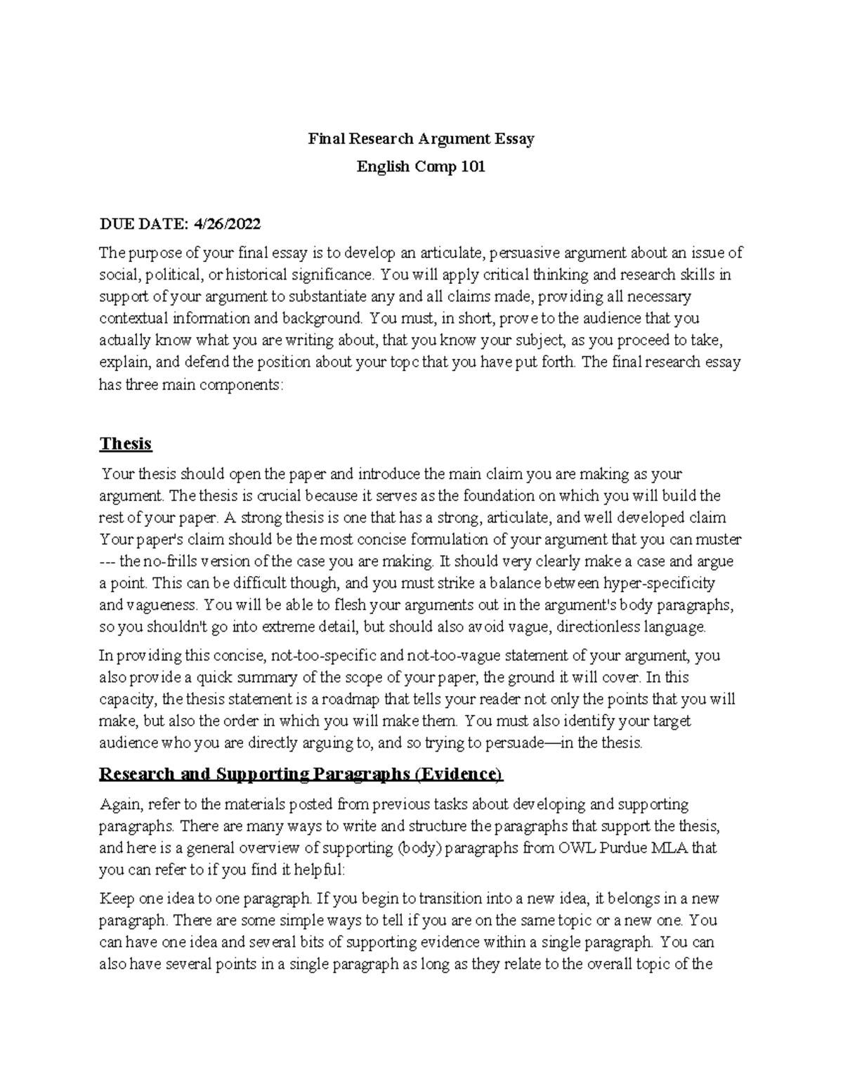Research Paper Requirements - Final Research Argument Essay English ...