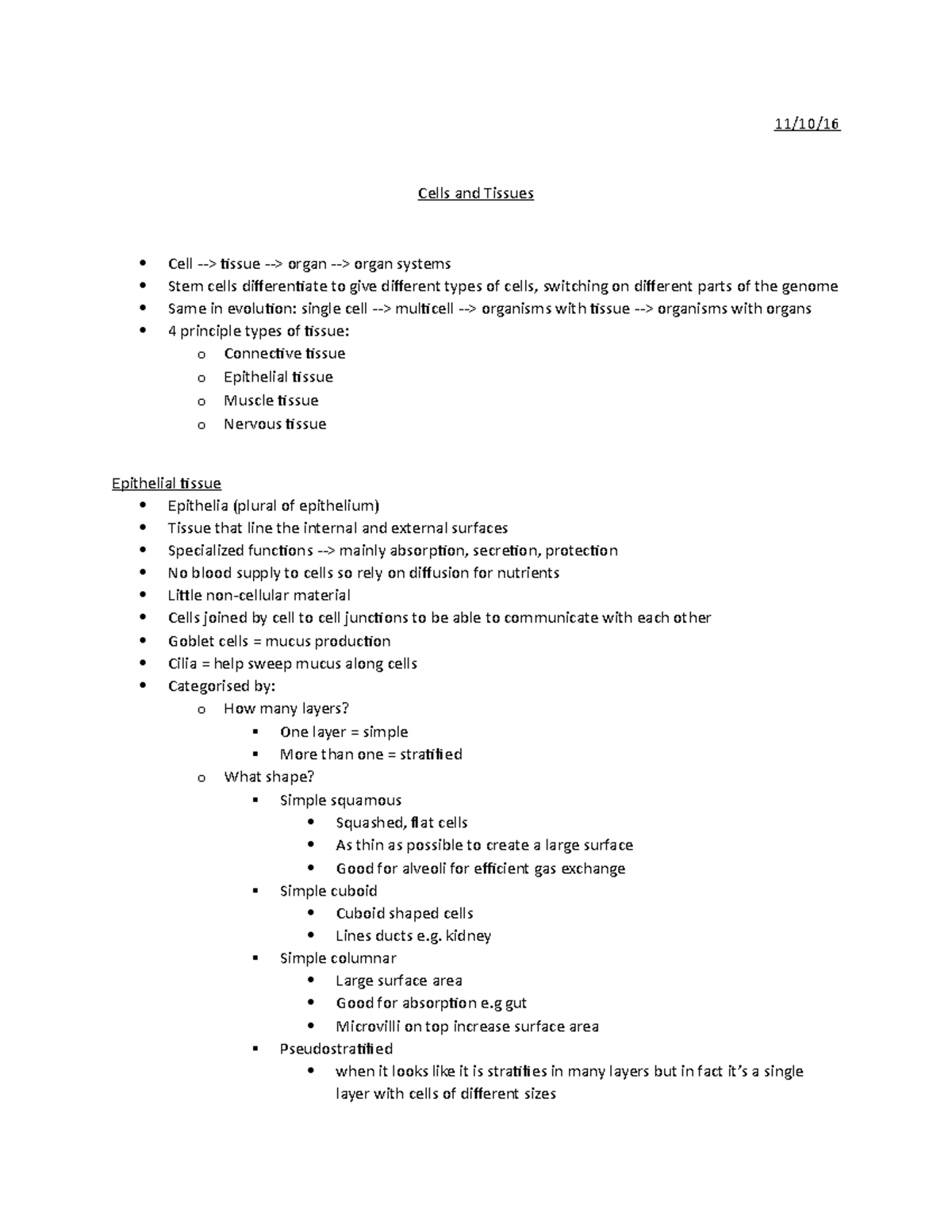 2. Cells and Tissues - Lecture notes 2 - 11/10/ Cells and Tissues Cell ...