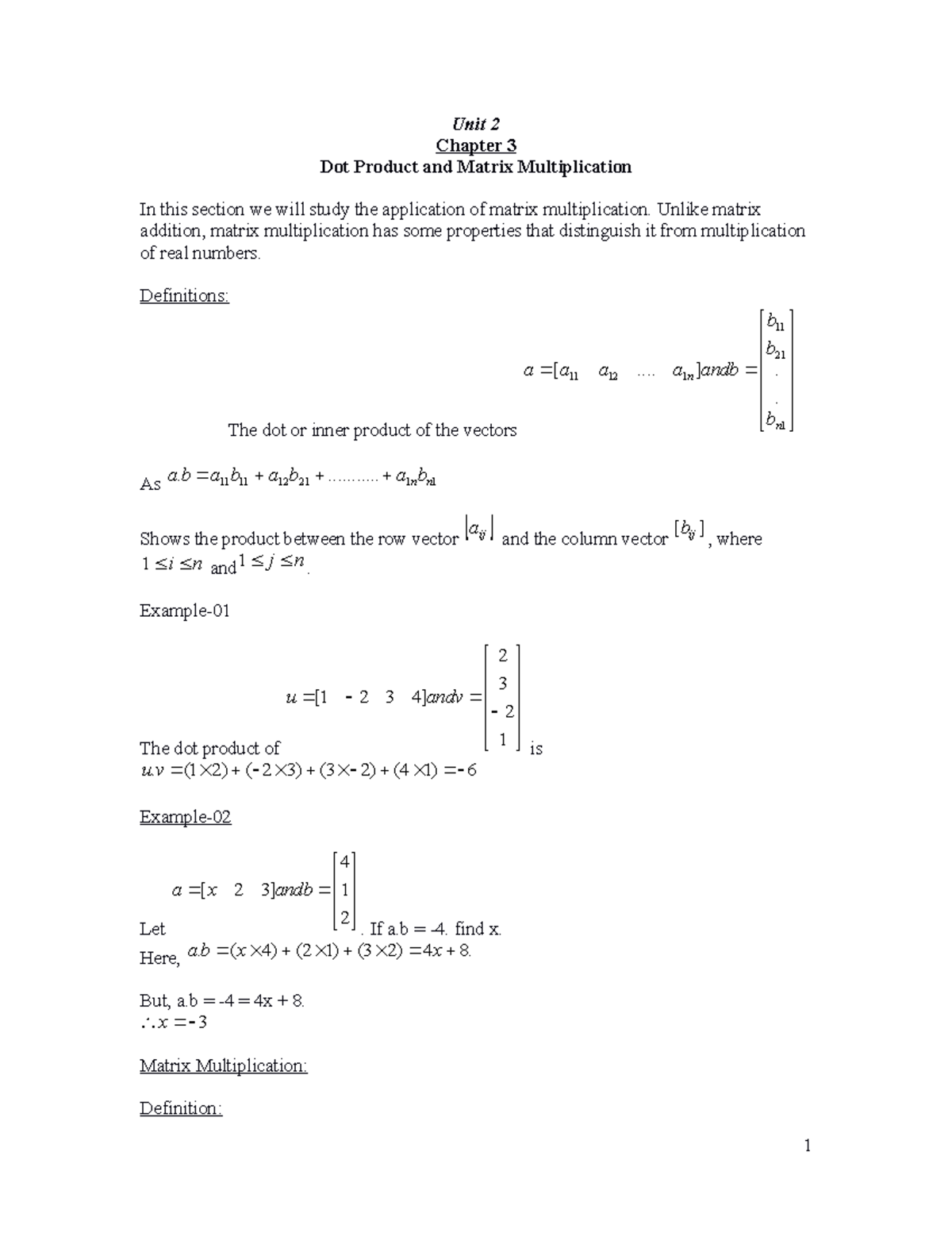 Unit 2 Chapter 3(Matrix Multiplication) - Unit 2 Chapter 3 Dot Product and Matrix Multiplication ...