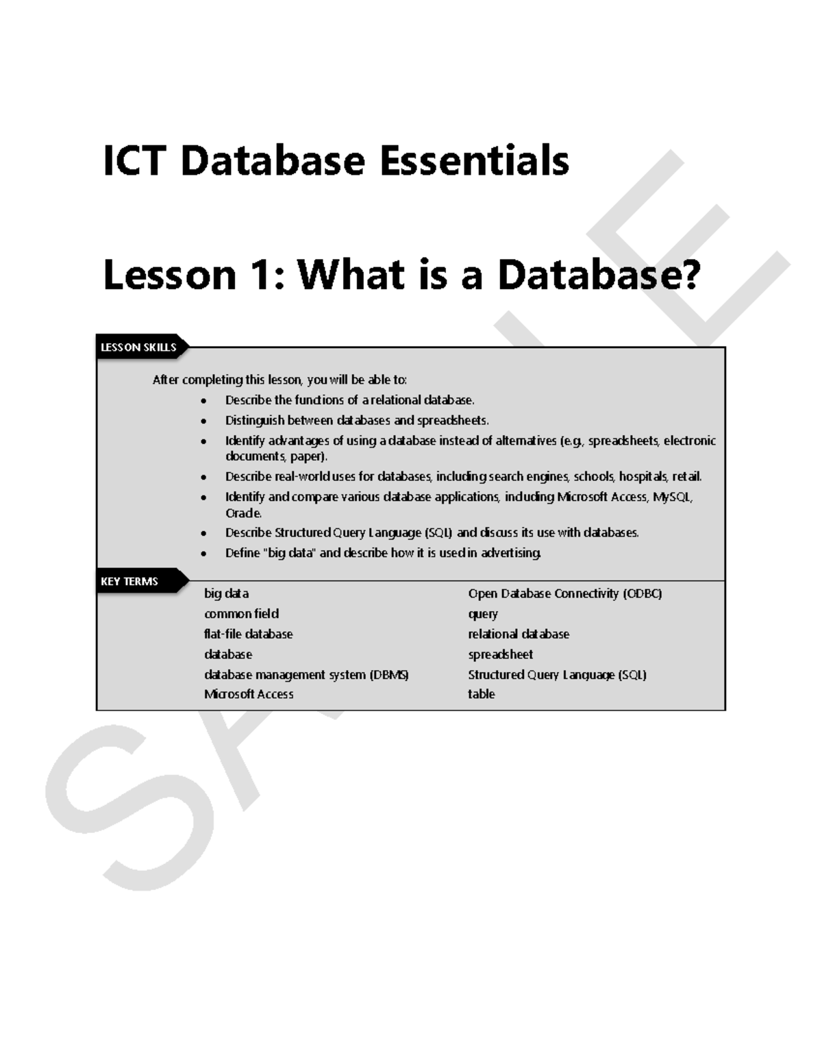 Sample Database v2 - SAMPLE 1 ICT Database Essentials Lesson 1: What is a Database? After ...
