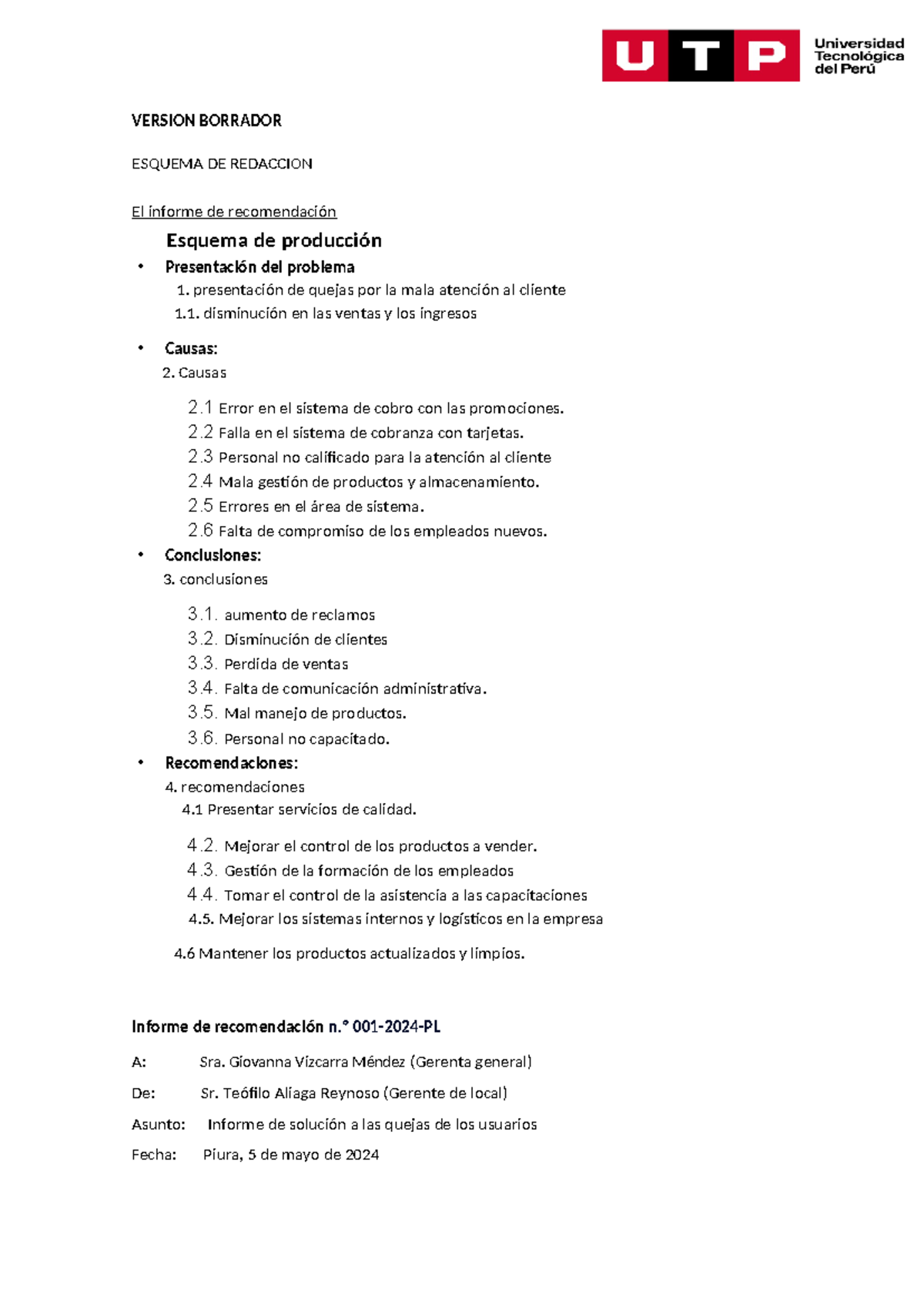 Version Borrador pc1 - VERSION BORRADOR ESQUEMA DE REDACCION El informe de recomendación Esquema ...