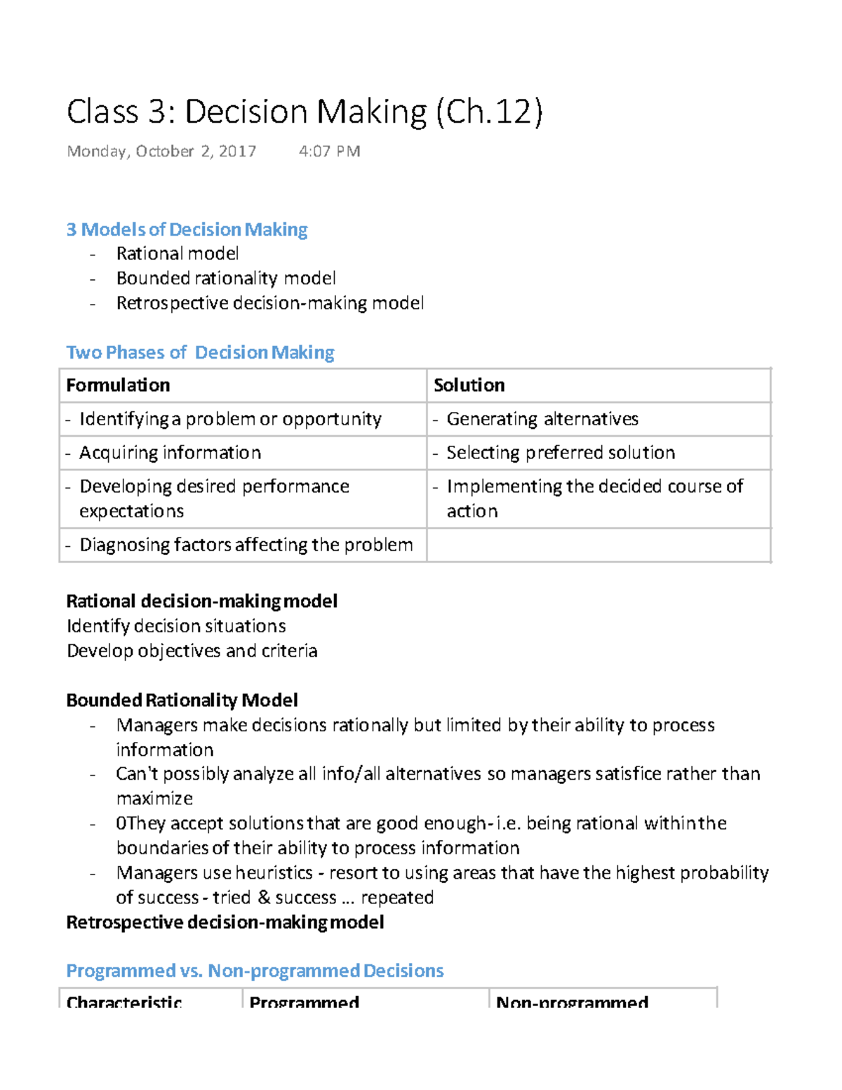 Class 3 Decision Making - Class 3: Decision Making (Ch) Monday, October ...