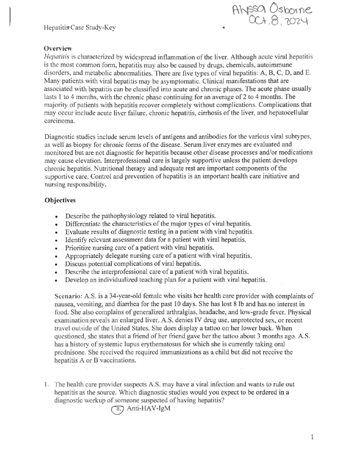 Hep case study - , m,nn, - Alyssa Osborne Oct. 8, 2024 Hepatitis Case ...