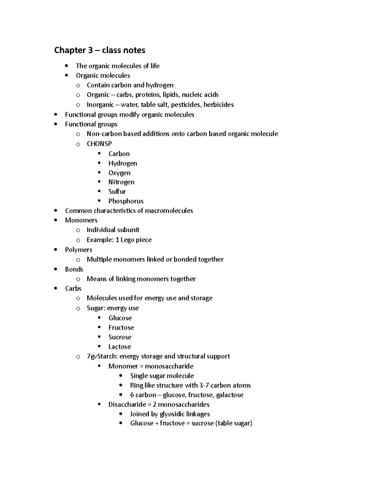 Chapter 3 class notes - Chapter 3 – class notes The organic molecules ...