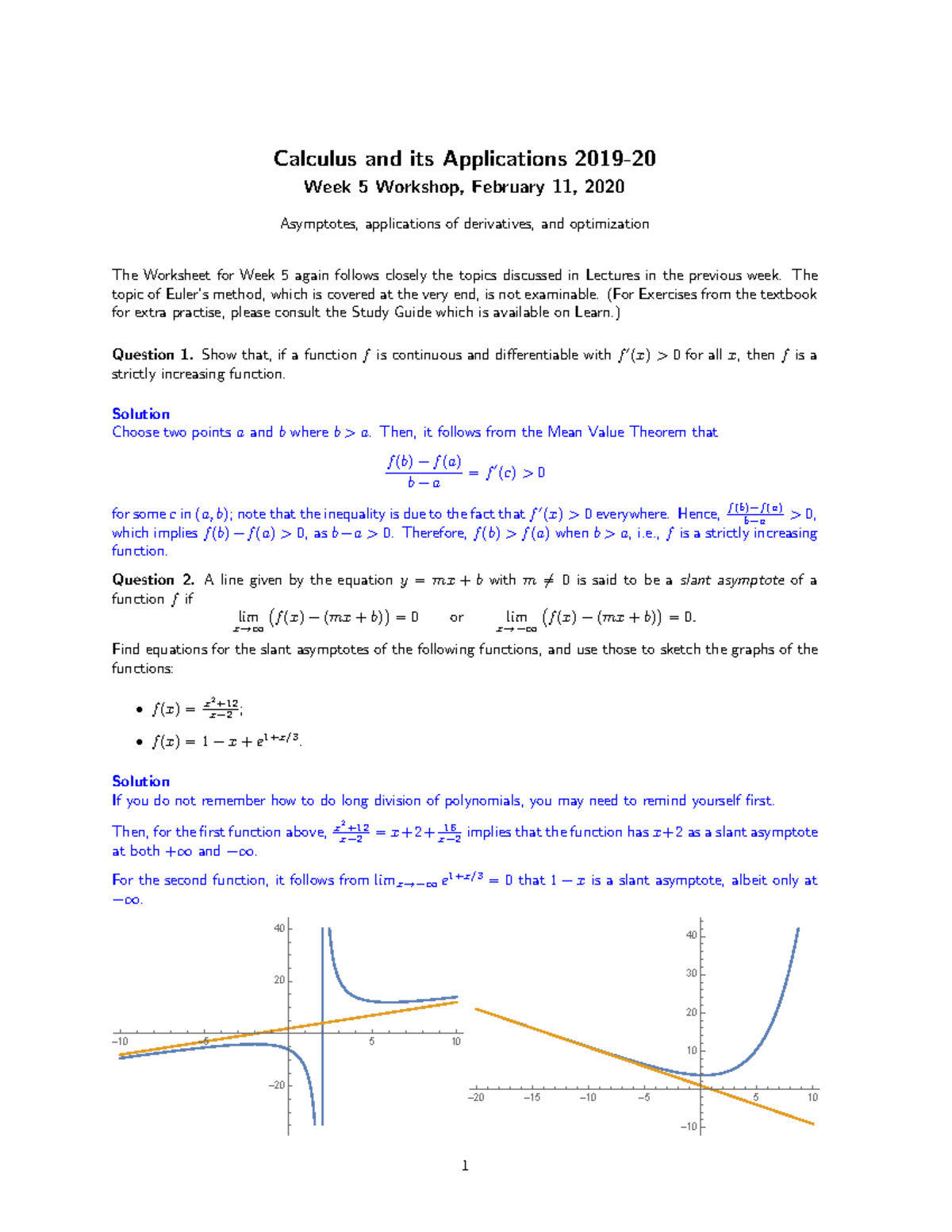 Worksheet 5 with Solutions - Calculus and its Applications 2019- Week 5 ...
