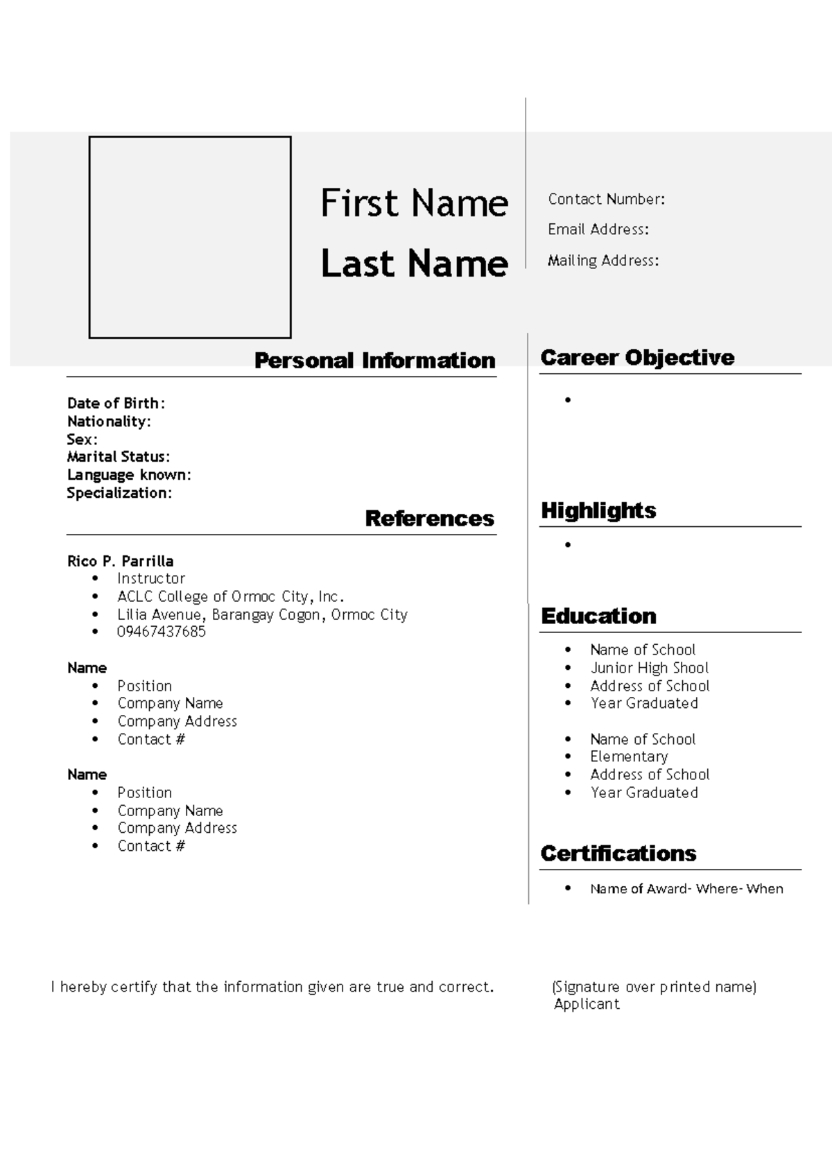 Resume- Format - 2 First Name Last Name Contact Number: Email Address ...