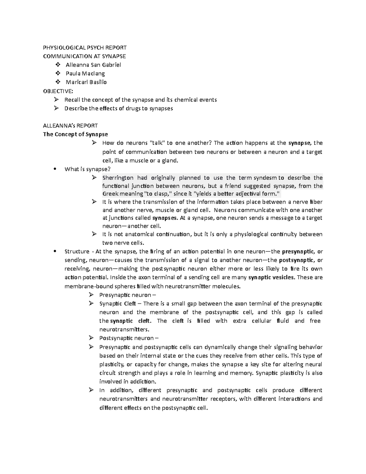 Communication-AT- Synapse - PHYSIOLOGICAL PSYCH REPORT COMMUNICATION AT ...