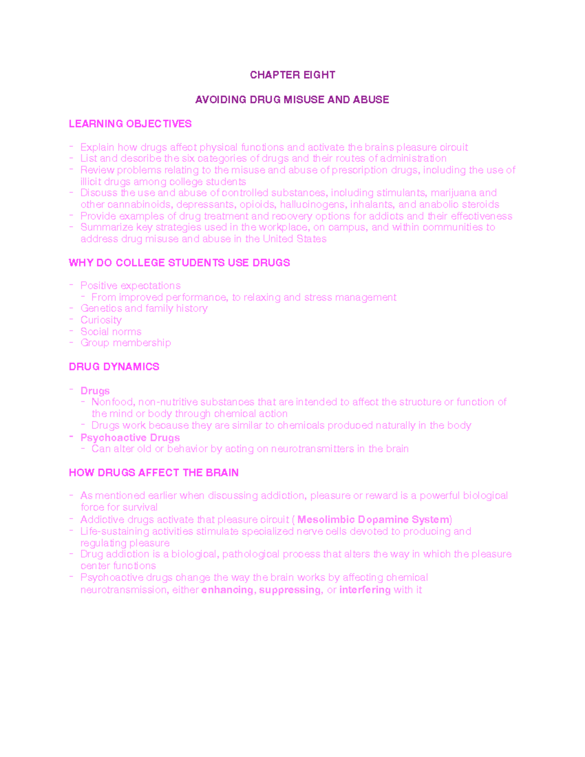 HTH 8 P - Notes for Laura Blosser - CHAPTER EIGHT AVOIDING DRUG MISUSE ...