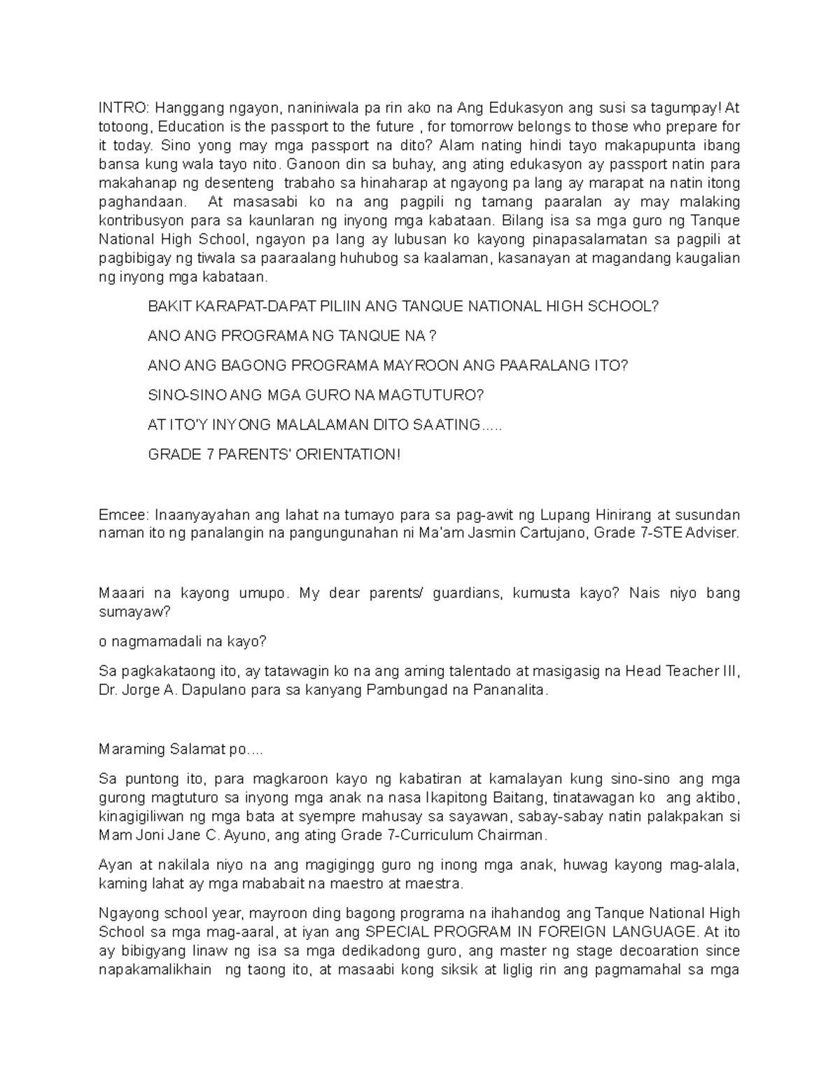 Orientation Program Script - INTRO: Hanggang ngayon, naniniwala pa rin ...