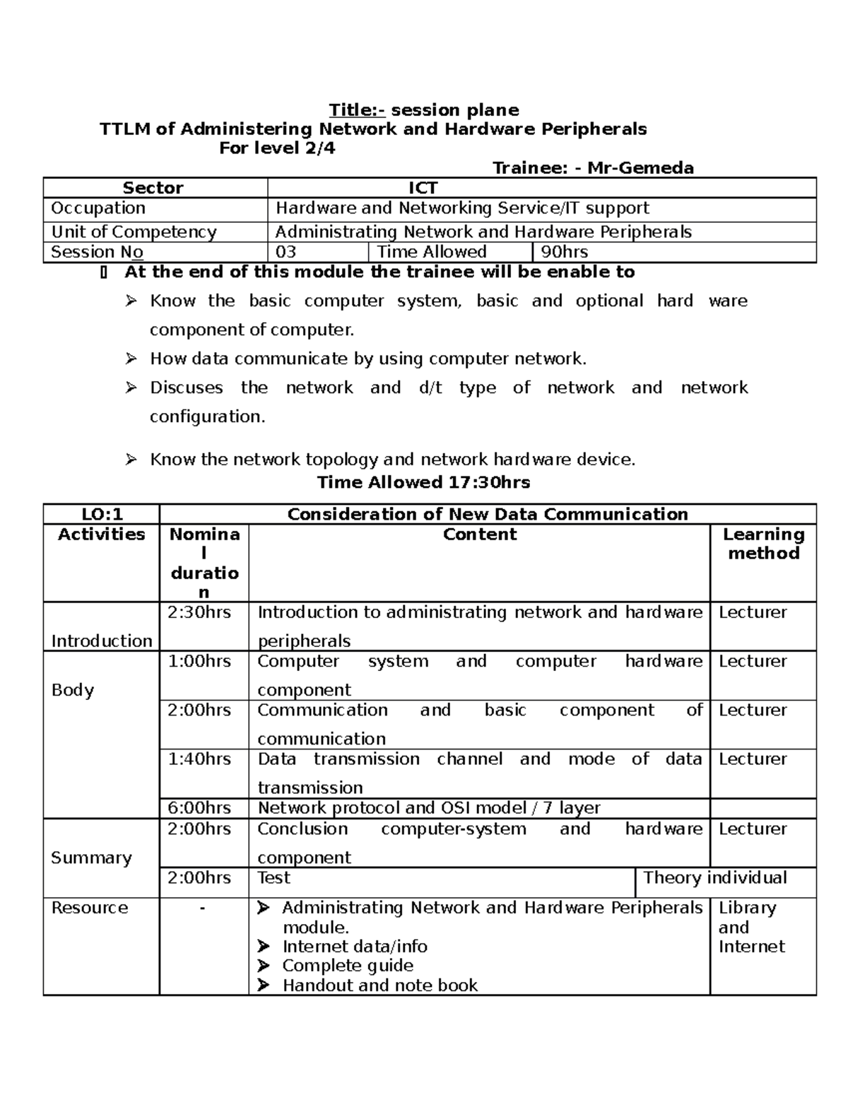 Adiss - woww - Title:- session plane TTLM of Administering Network and ...
