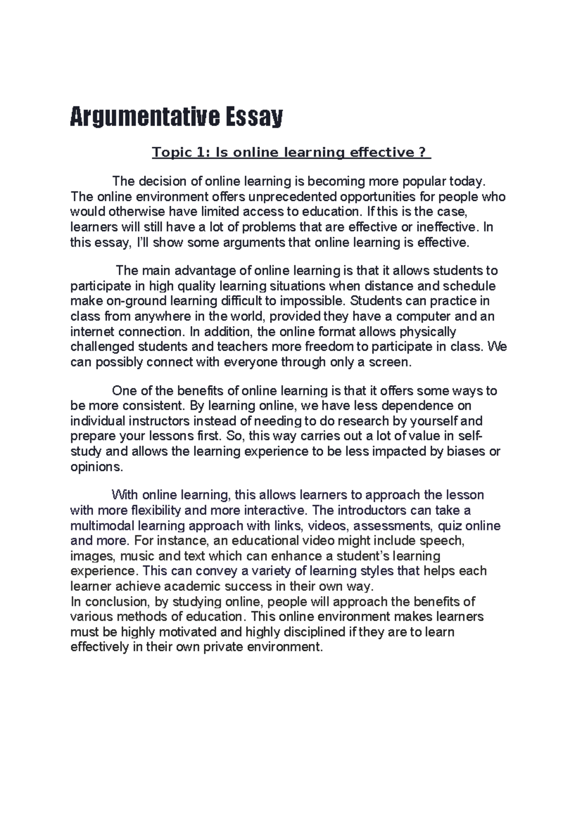 Argumentative Essay - Argumentative Essay Topic 1: Is online learning ...