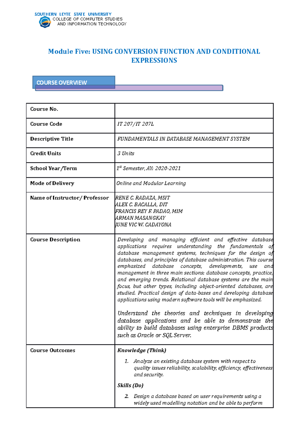 Module 5 - COLLEGE OF COMPUTER STUDIES AND INFORMATION TECHNOLOGY ...