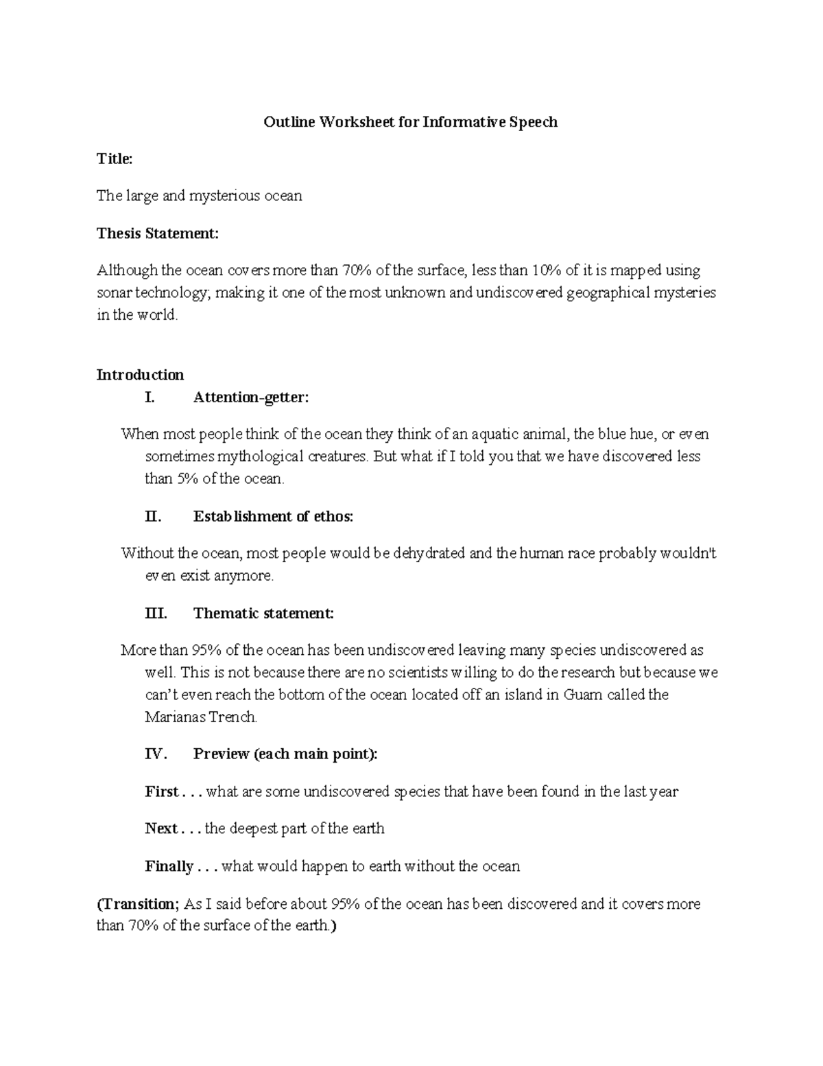 Outline Worksheet for Informative Speech - Outline Worksheet for ...