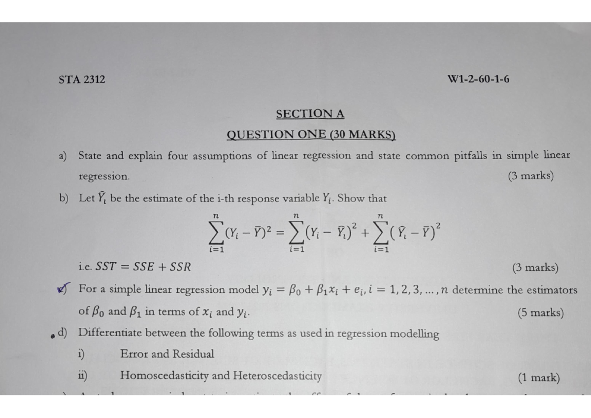 Regression modelling 1 past paper - STA 2312 SECTION A QUESTION ONE (30 MARKS) a) State and ...