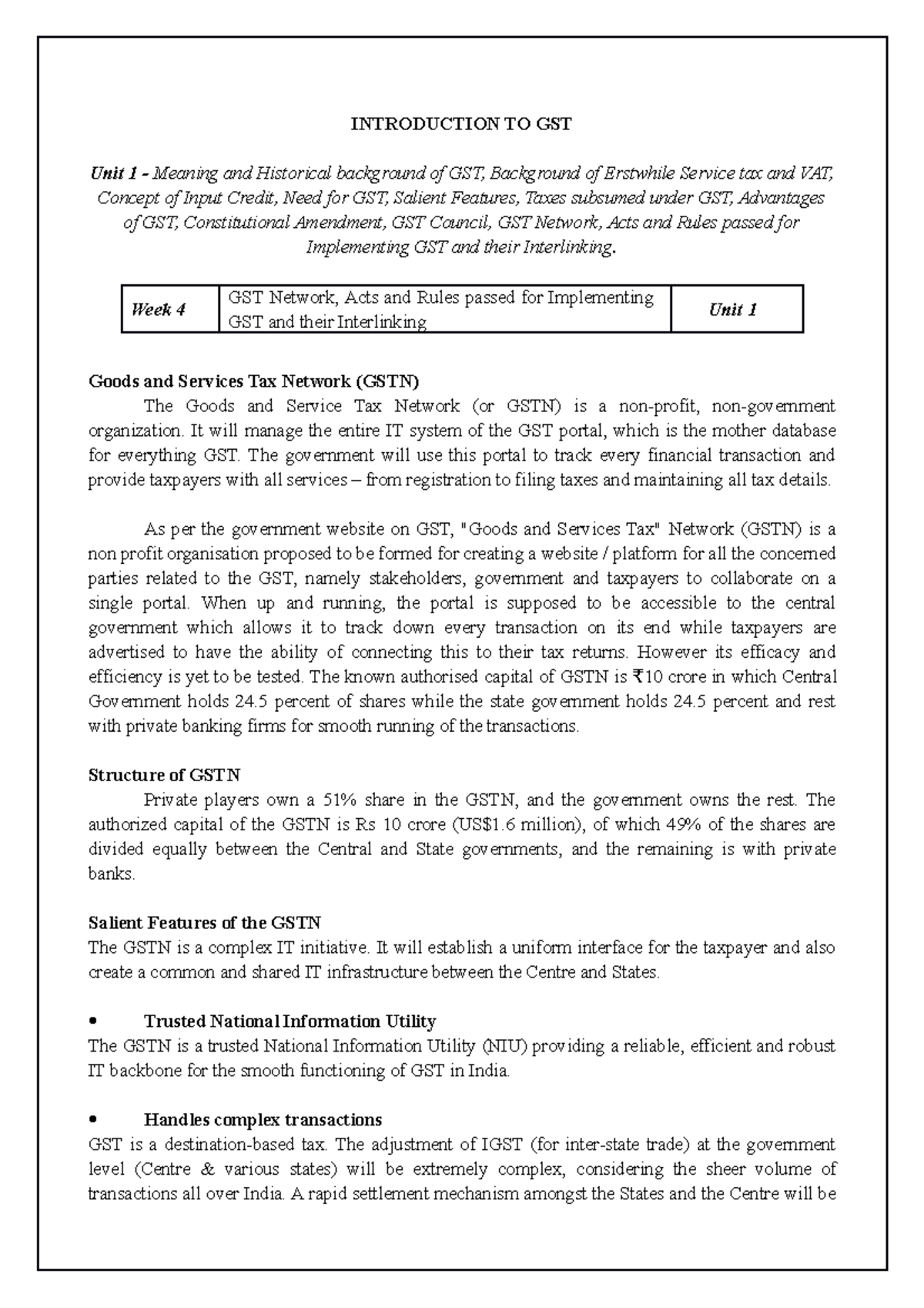 Gstn - gst network - INTRODUCTION TO GST Unit 1 - Meaning and Historical background of GST ...