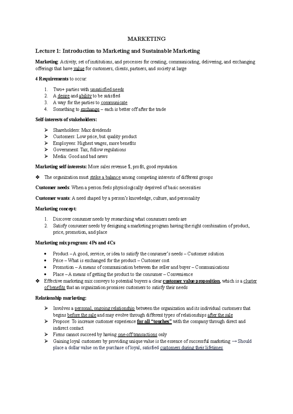 Marketing - Notes for lecture 1&2 - MARKETING Lecture 1: Introduction ...