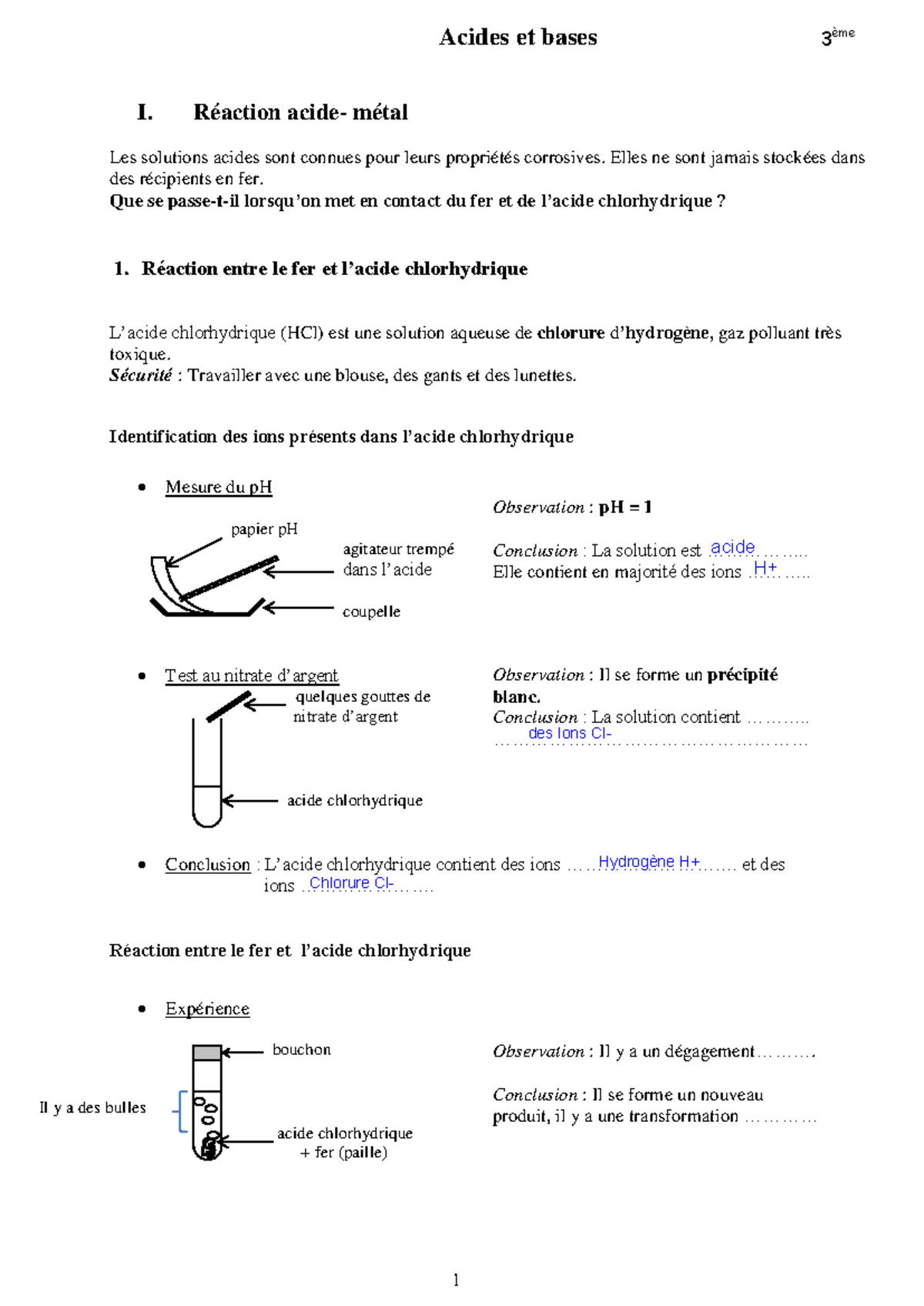 Acides et bases - (fiche élève à compléter) - Acides et bases I ...