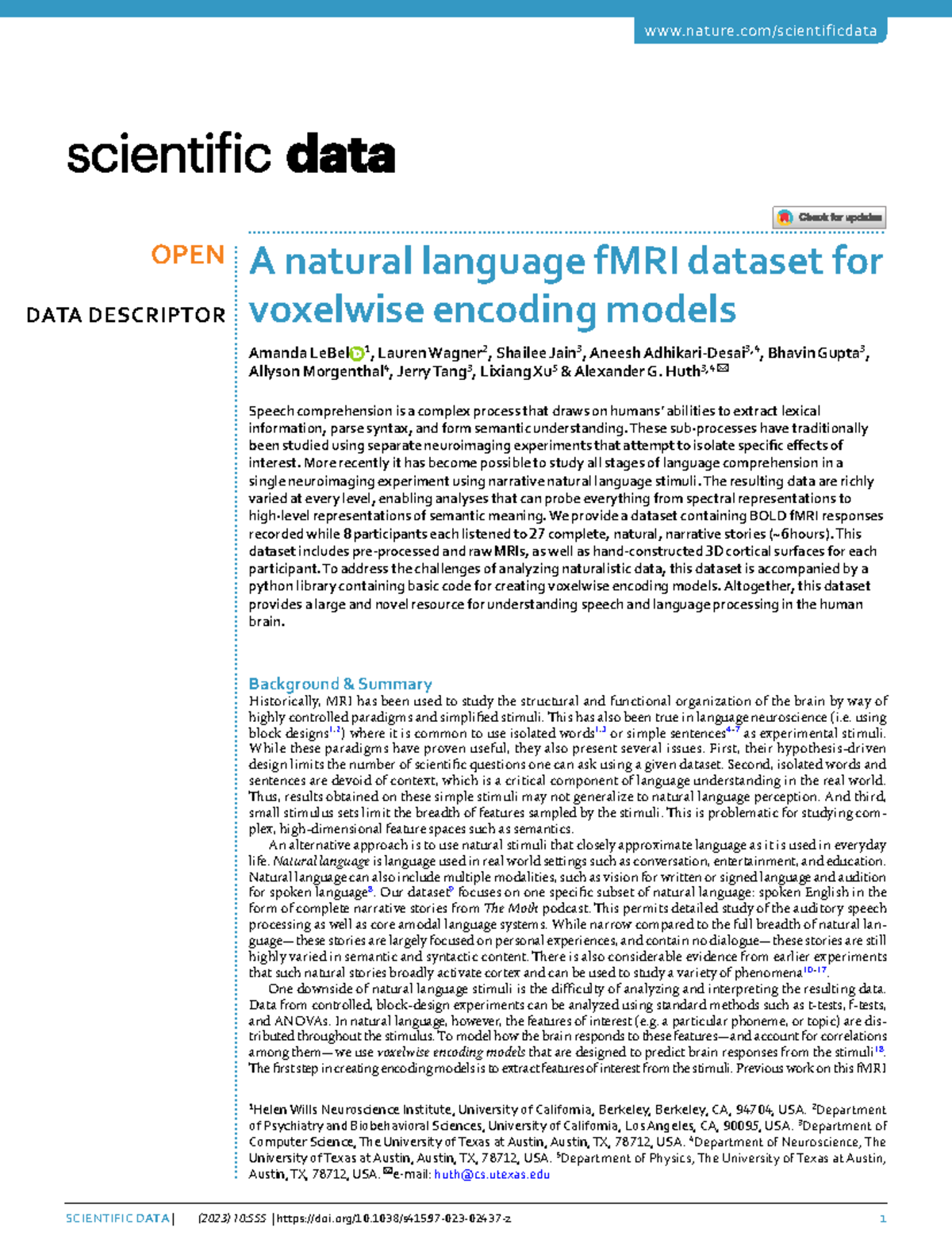 Huth FMRI data - CDSCDS - nature/scientificdata a natural language fMRI ...