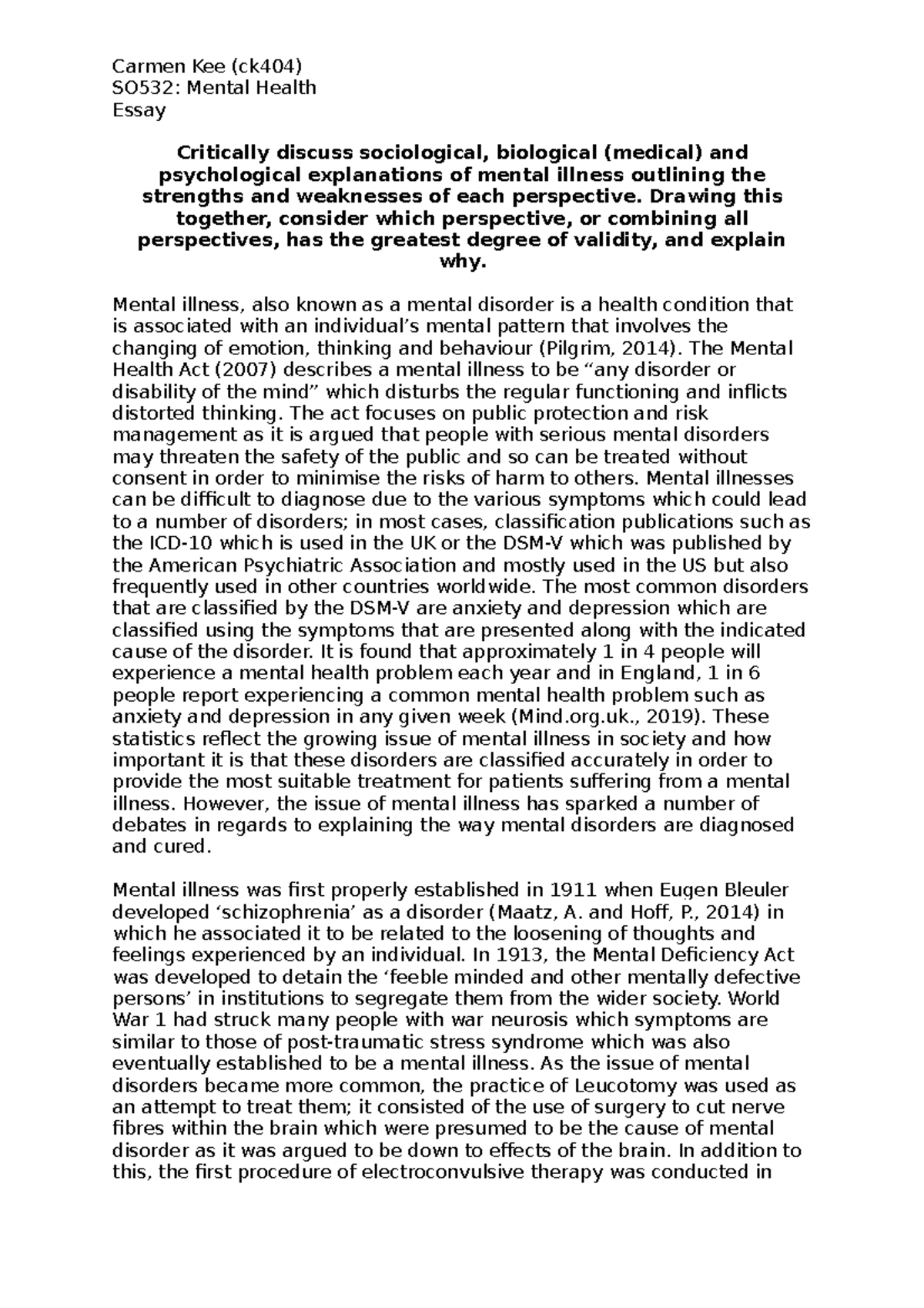 Essay Grade 2 1 SO532 Mental Health Essay Critically Discuss