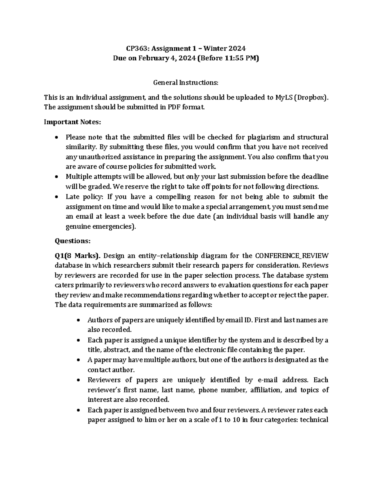 Assignment 1 - ... - CP 363 : Assignment 1 – Winter 2024 Due on February 4 , 202 4 (Before 11:5 ...