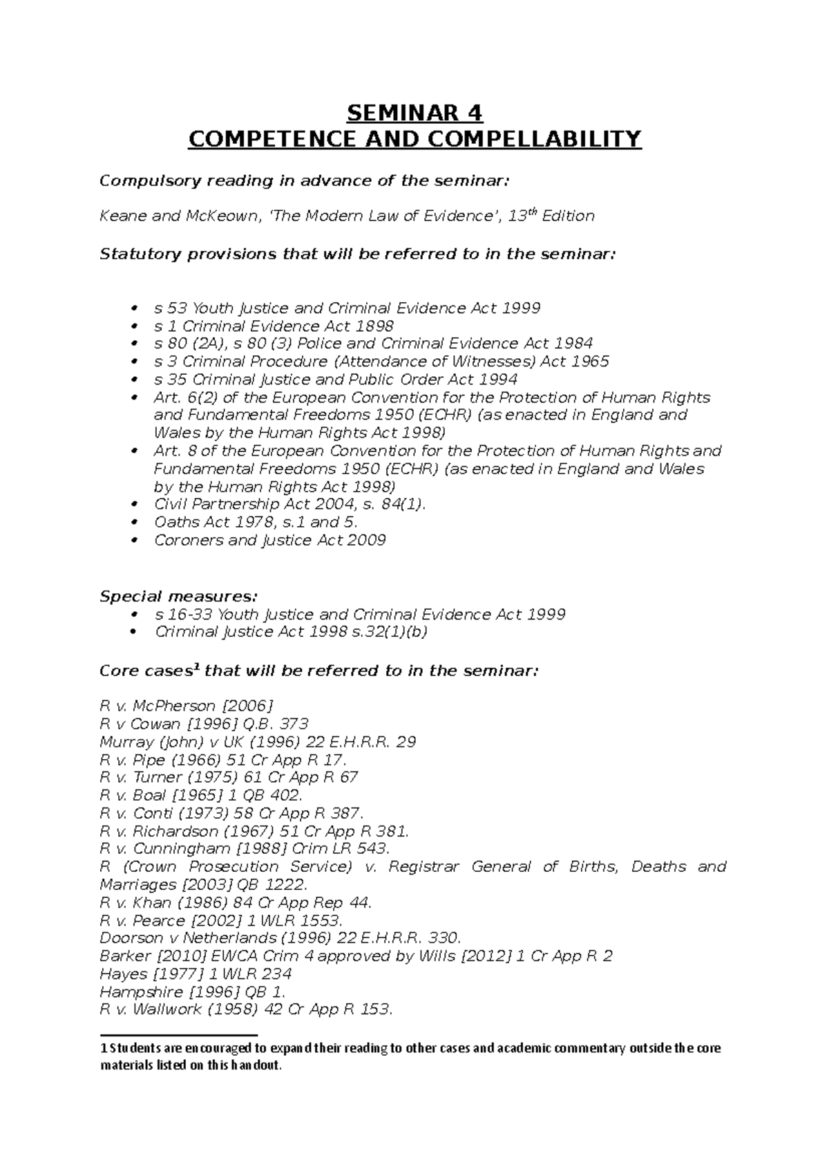 CE competence and compellability seminar 4 - SEMINAR 4 COMPETENCE AND ...