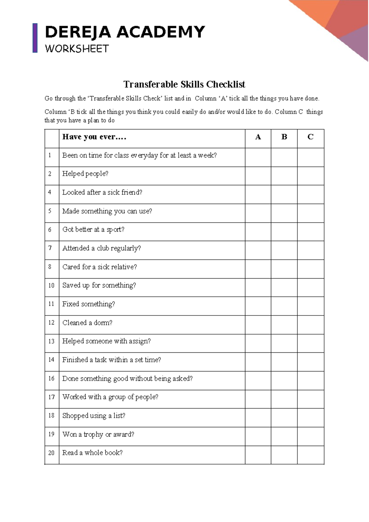 1597816683 Transferable skills - DEREJA ACADEMY WORKSHEET Transferable ...