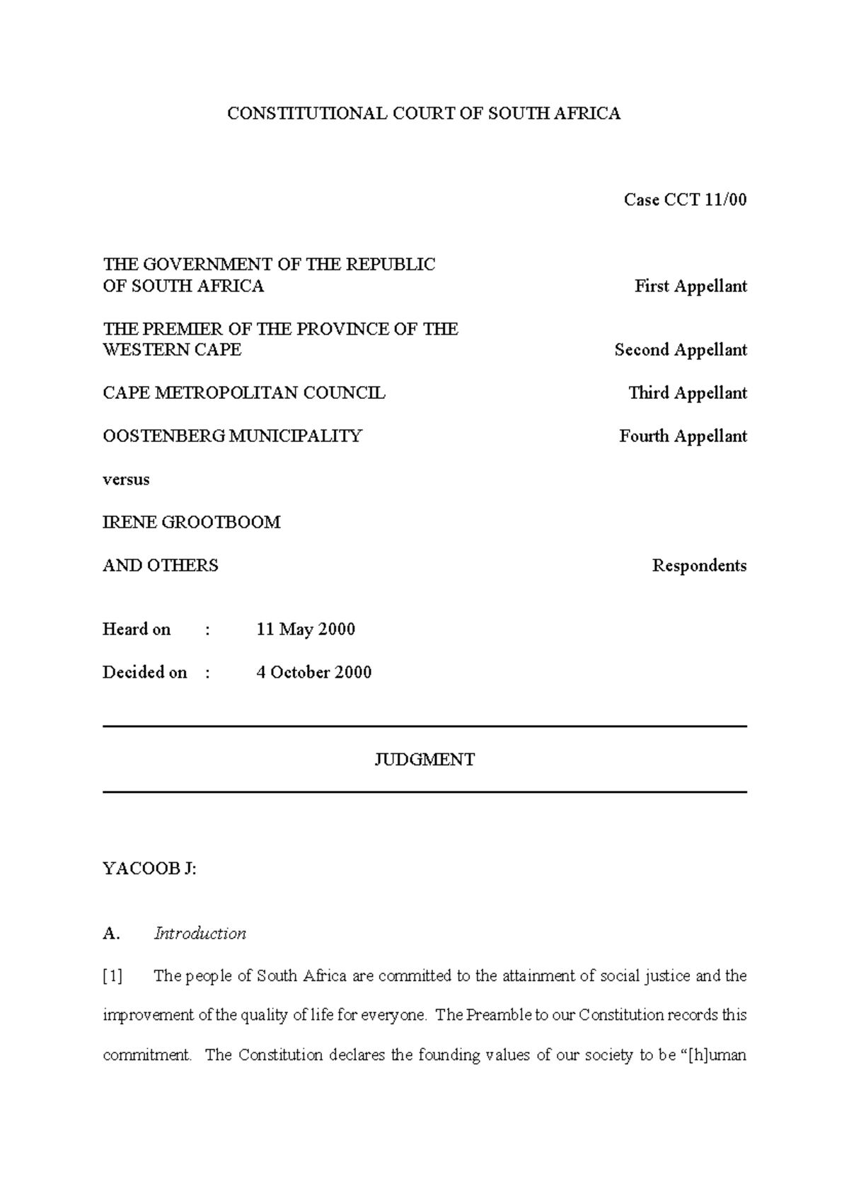 Government of the Republic of South Africa and Others v Grootboom ...