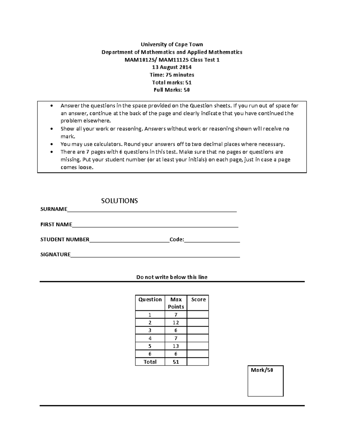 CT1 - 2014 Solutions - University of Cape Town Department of ...