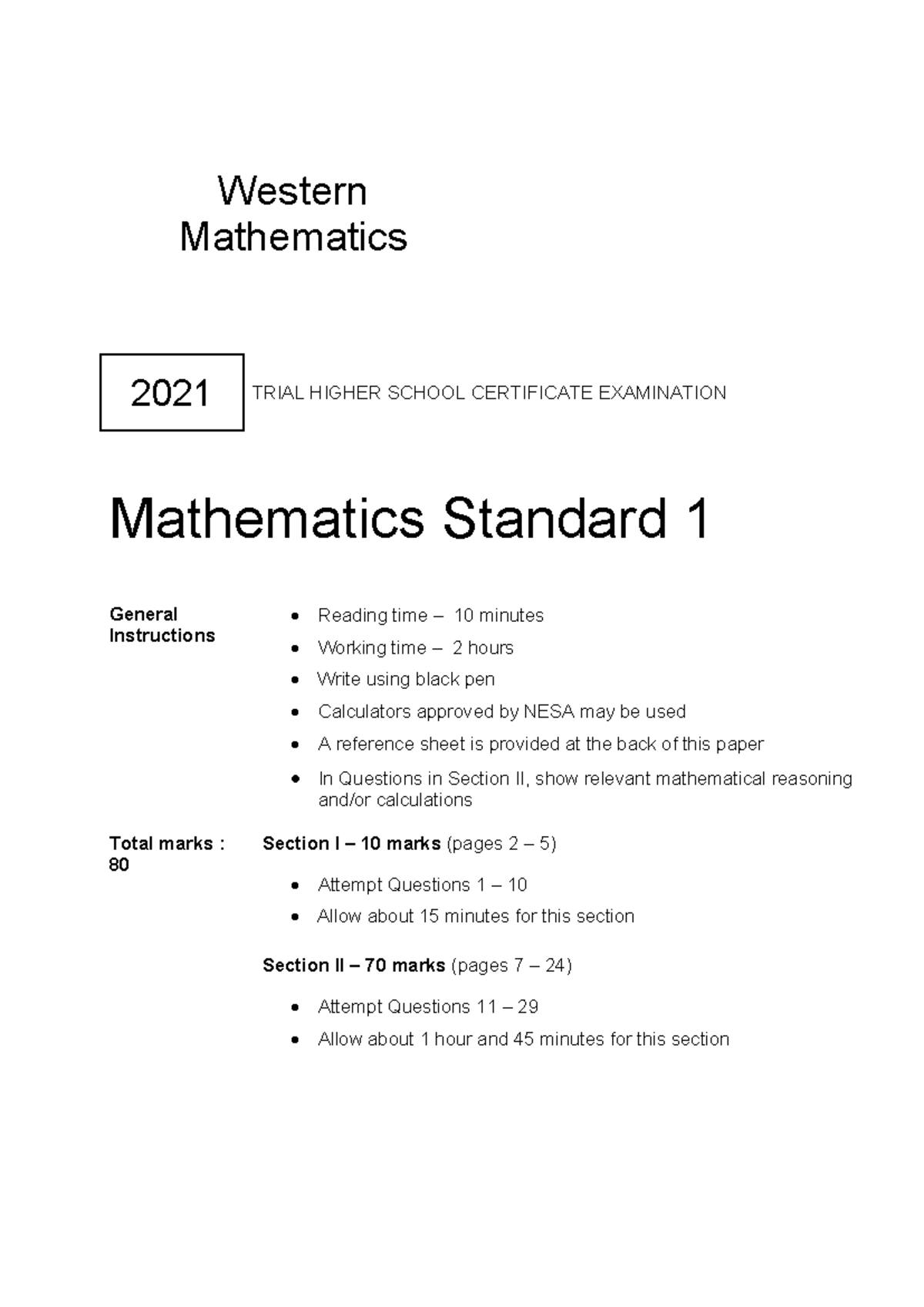Maths questions 2021 - math practice test - Western Mathematics 2021 ...