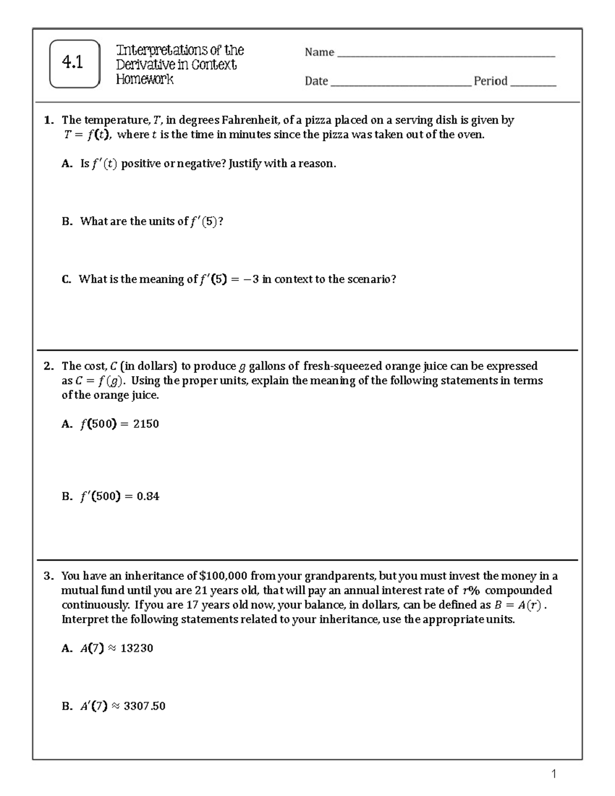 Unit 4 Homework Bundle and Keys - 4. Interpretations of the Derivative ...