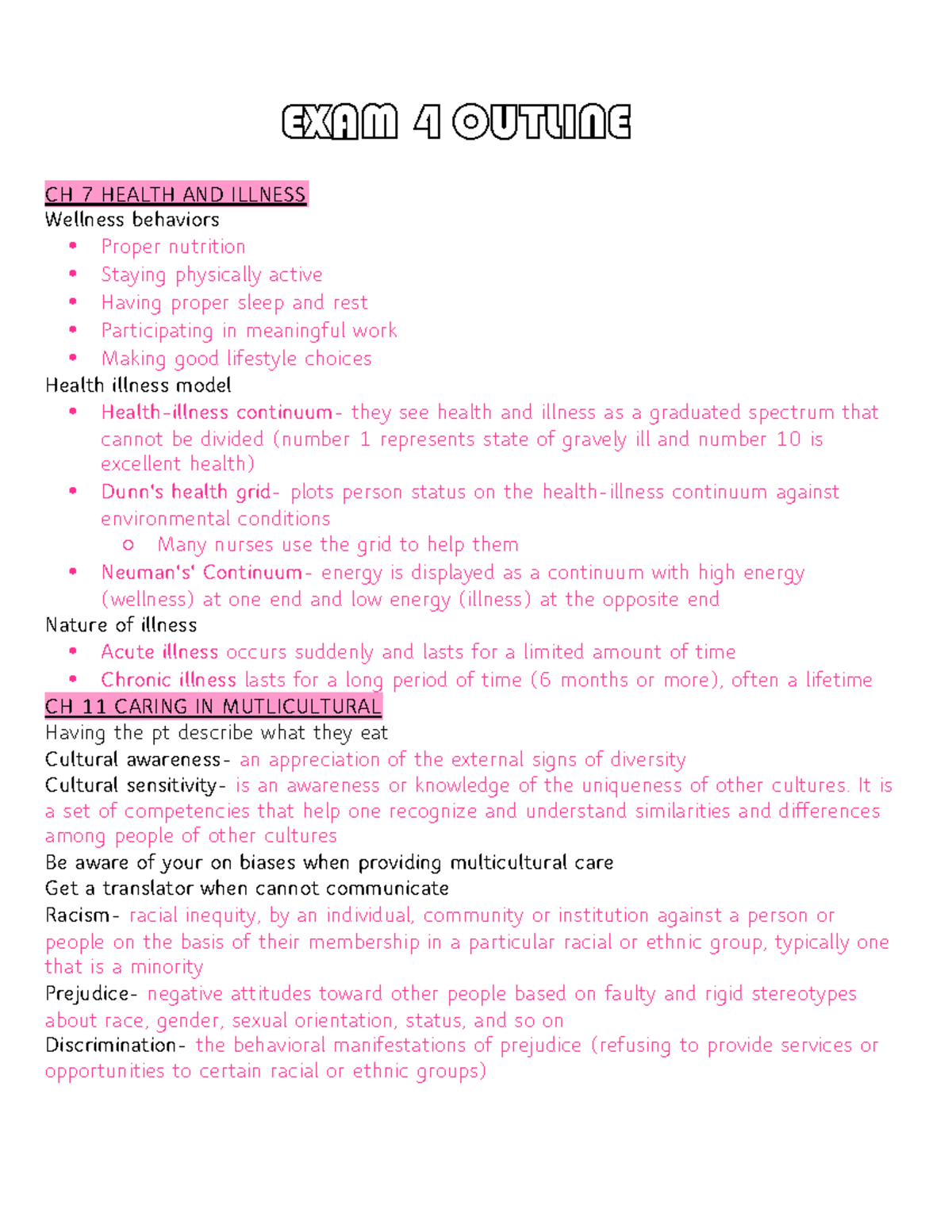 EXAM 4 Outline - this is for exam 4 - CH 7 HEALTH AND ILLNESS Wellness ...