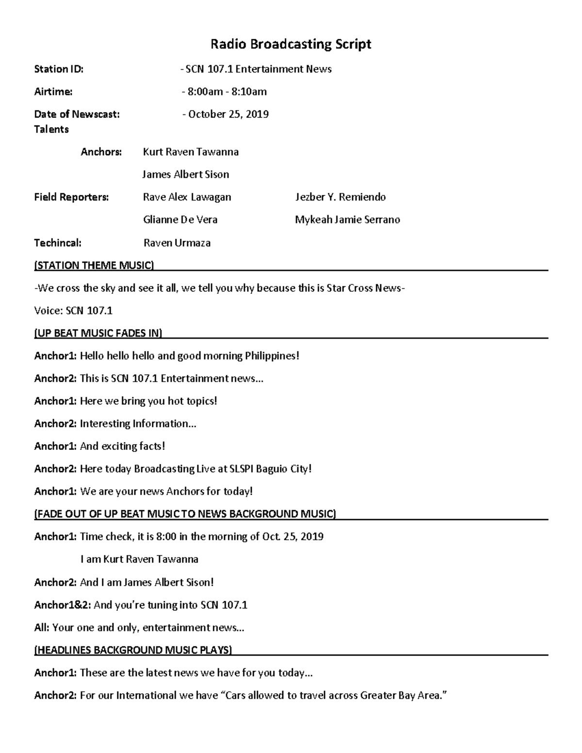 Toaz - hsgahjfsgkjassfa - Radio Broadcasting Script Station ID: - SCN ...
