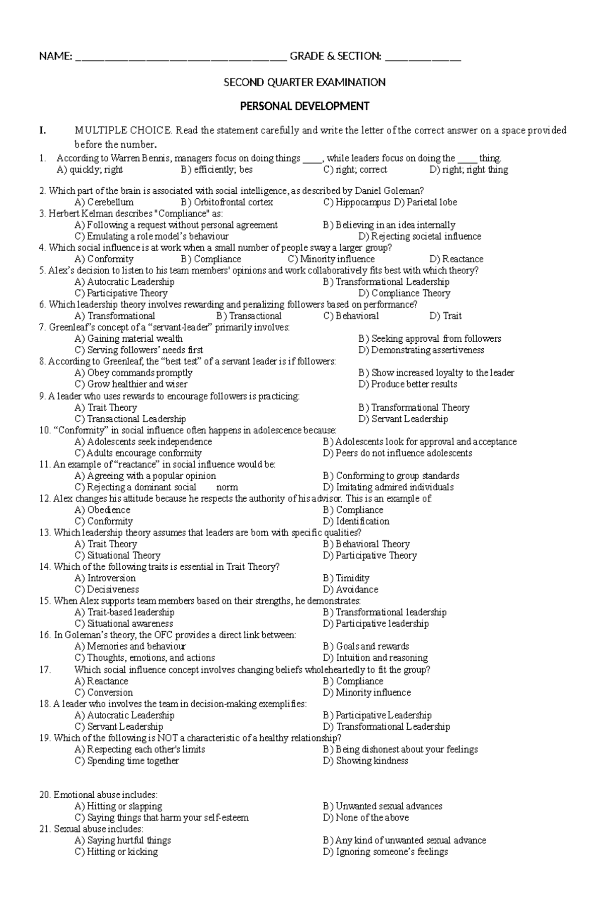 Second Quarter EXAM- Personal Development - NAME ...